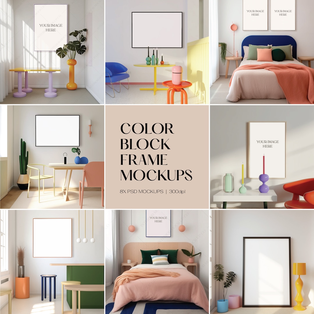 Colorful Frame Mockup Bundle Bright Room Poster Template Retro Home ...