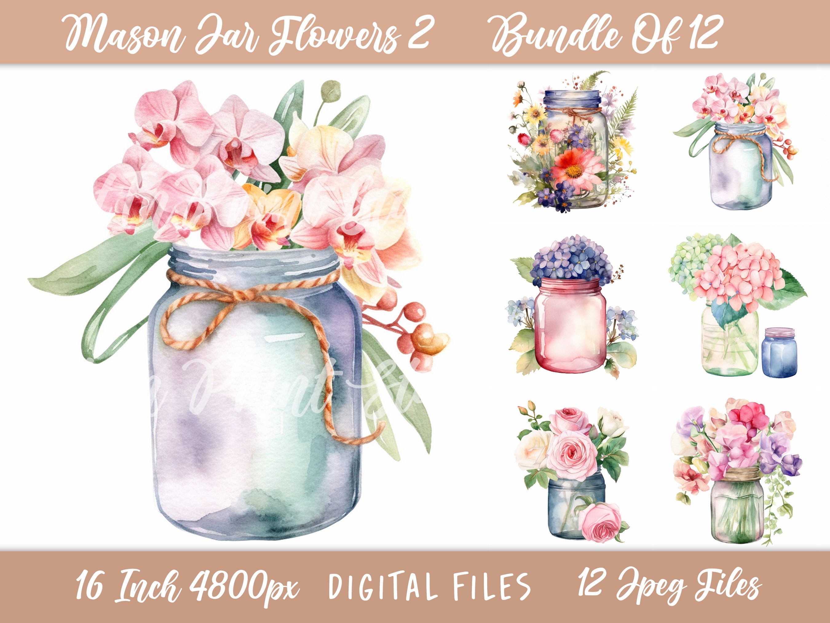 Flowers Mason Jar Vase Clipart 2 12 High Quality Jpgs Digital Planner ...