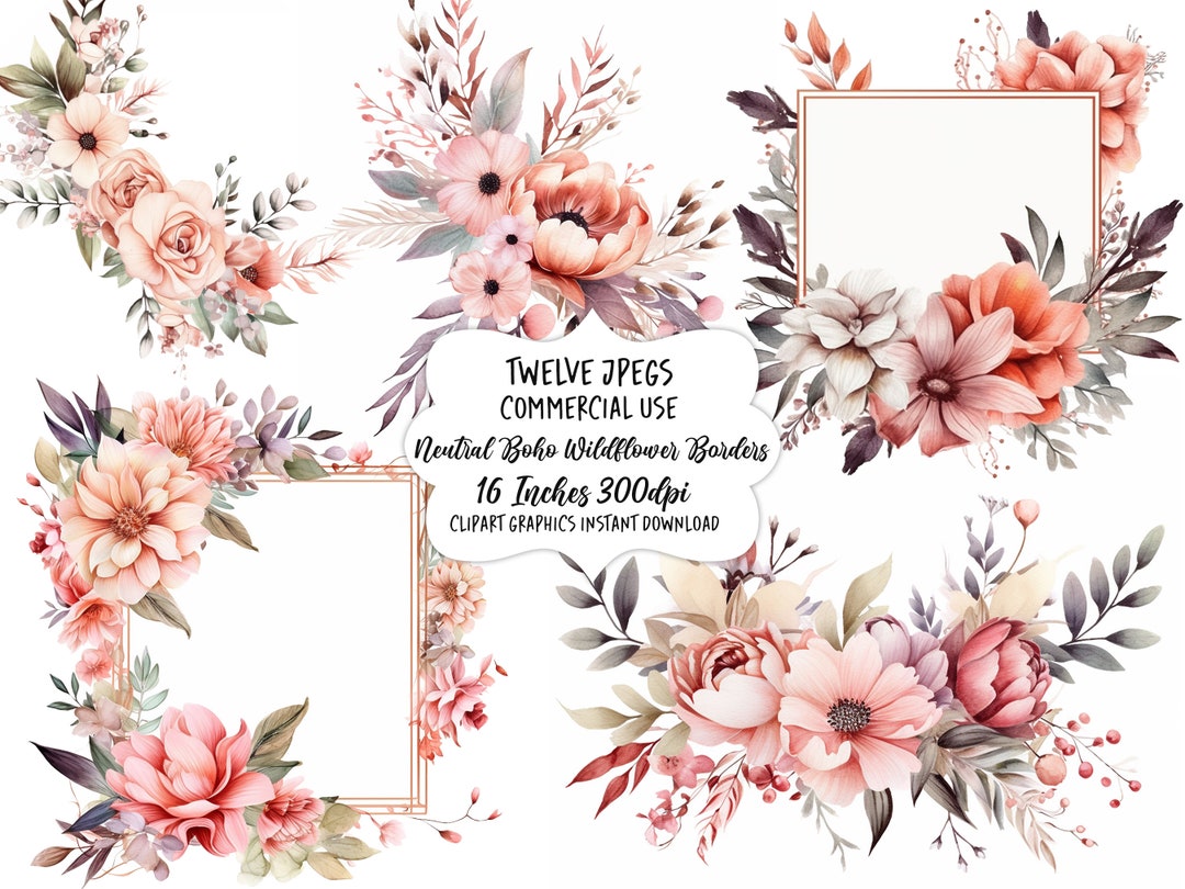 Clipart Neutral Flowers, Borders, Wreaths, Watercolor Wild Florals ...