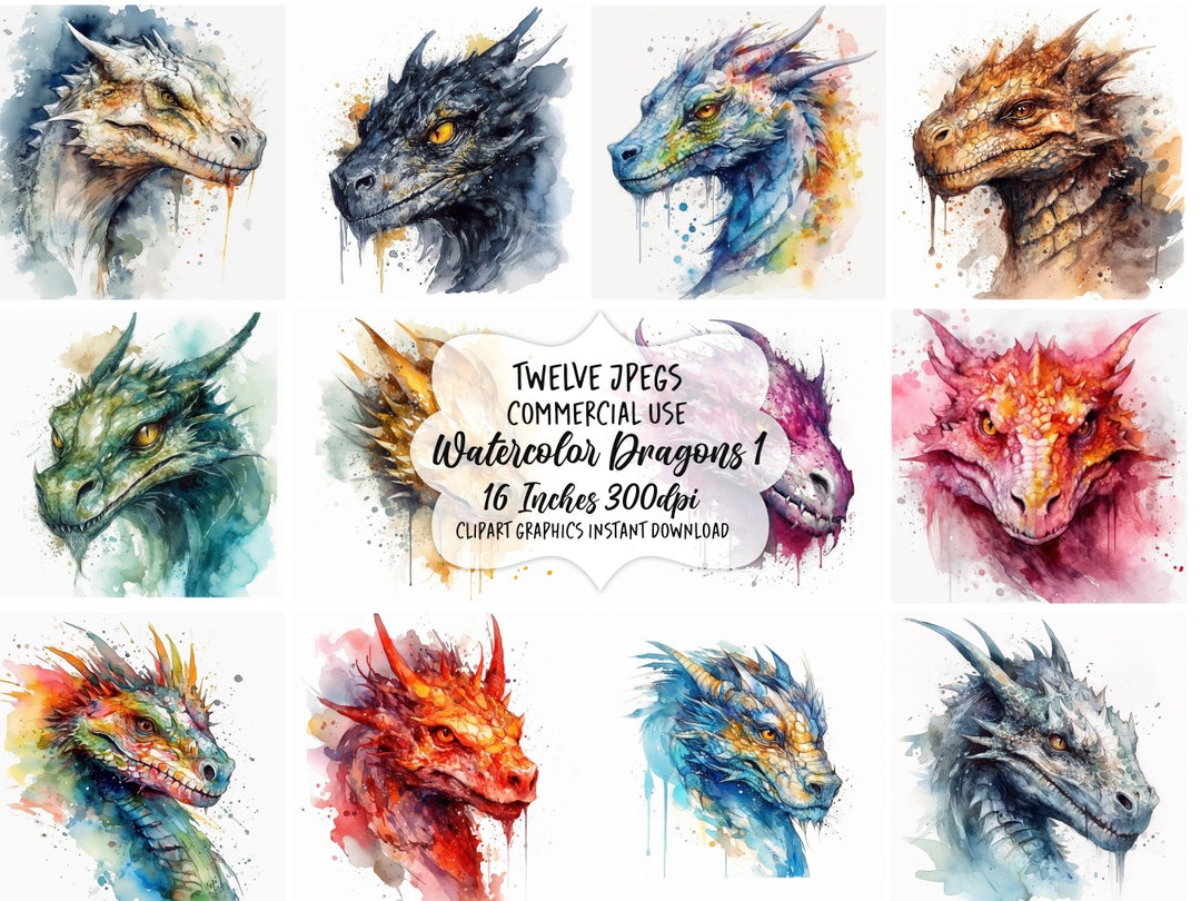 Dragons Watercolor Clipart, Fantasy Clipart, Commercial Use, Dragon Art ...