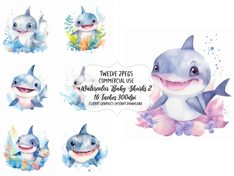 Baby Shark Clipart, Cute Shark Clip Art, Nursery Prints, Printable Wall ...