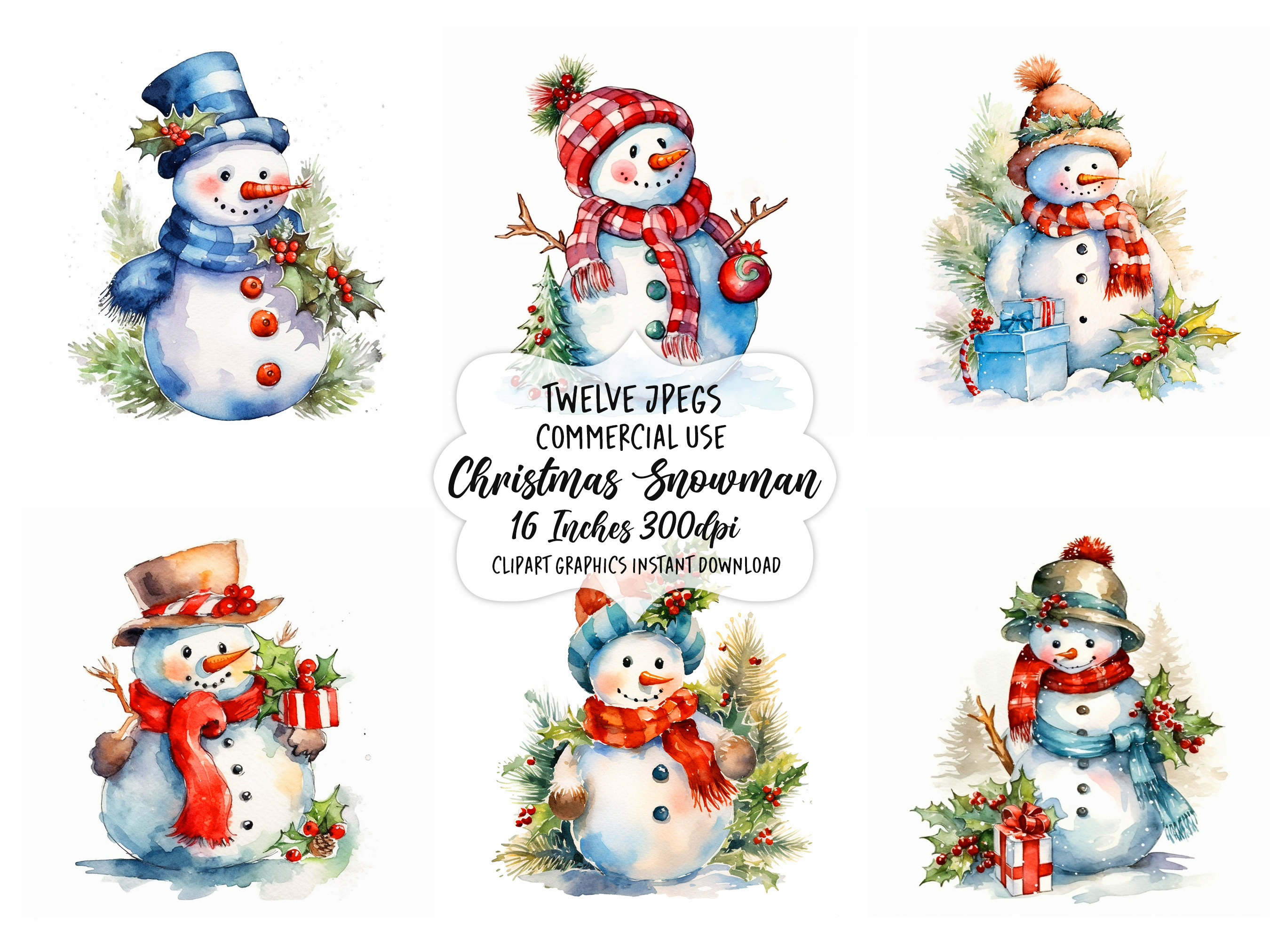 Cute Snowman Clipart, Christmas Clip Art, Watercolor Graphics, Winter ...