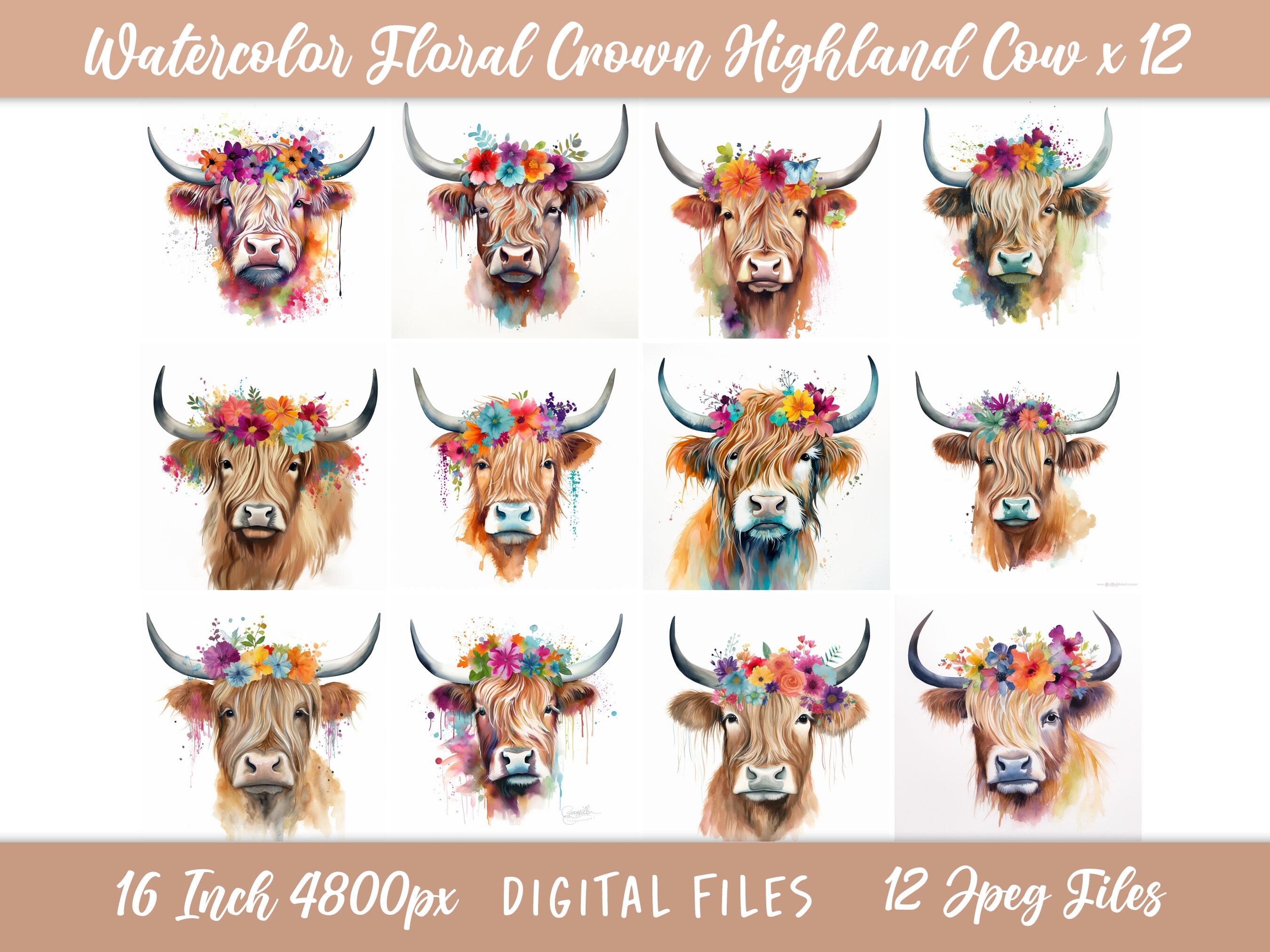 Highland Cow Clipart Floral Crown, 12 Jpgs, Card Making, Wall Art, Junk ...