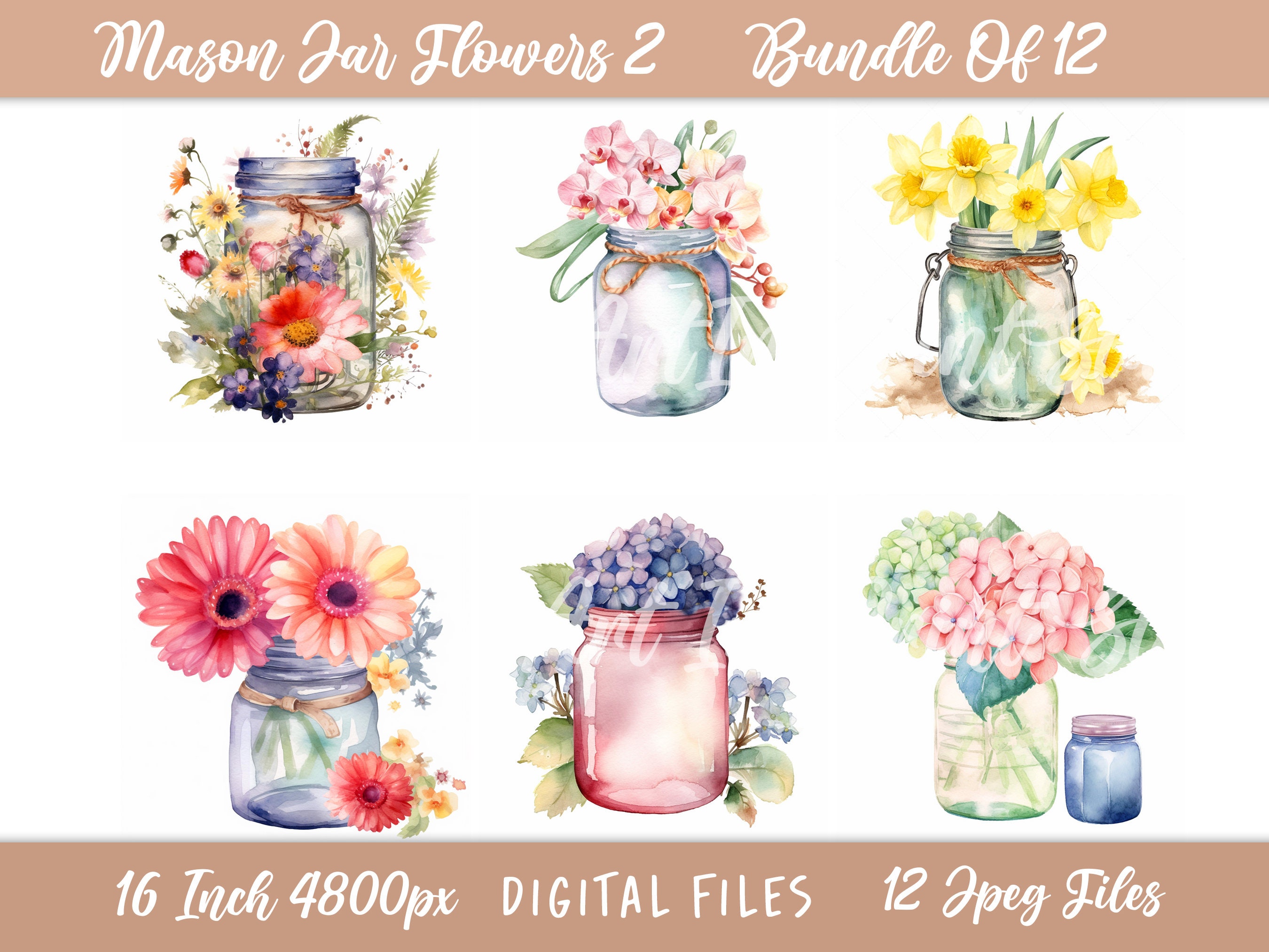 Flowers Mason Jar Vase Clipart 2 12 High Quality Jpgs Digital Planner ...