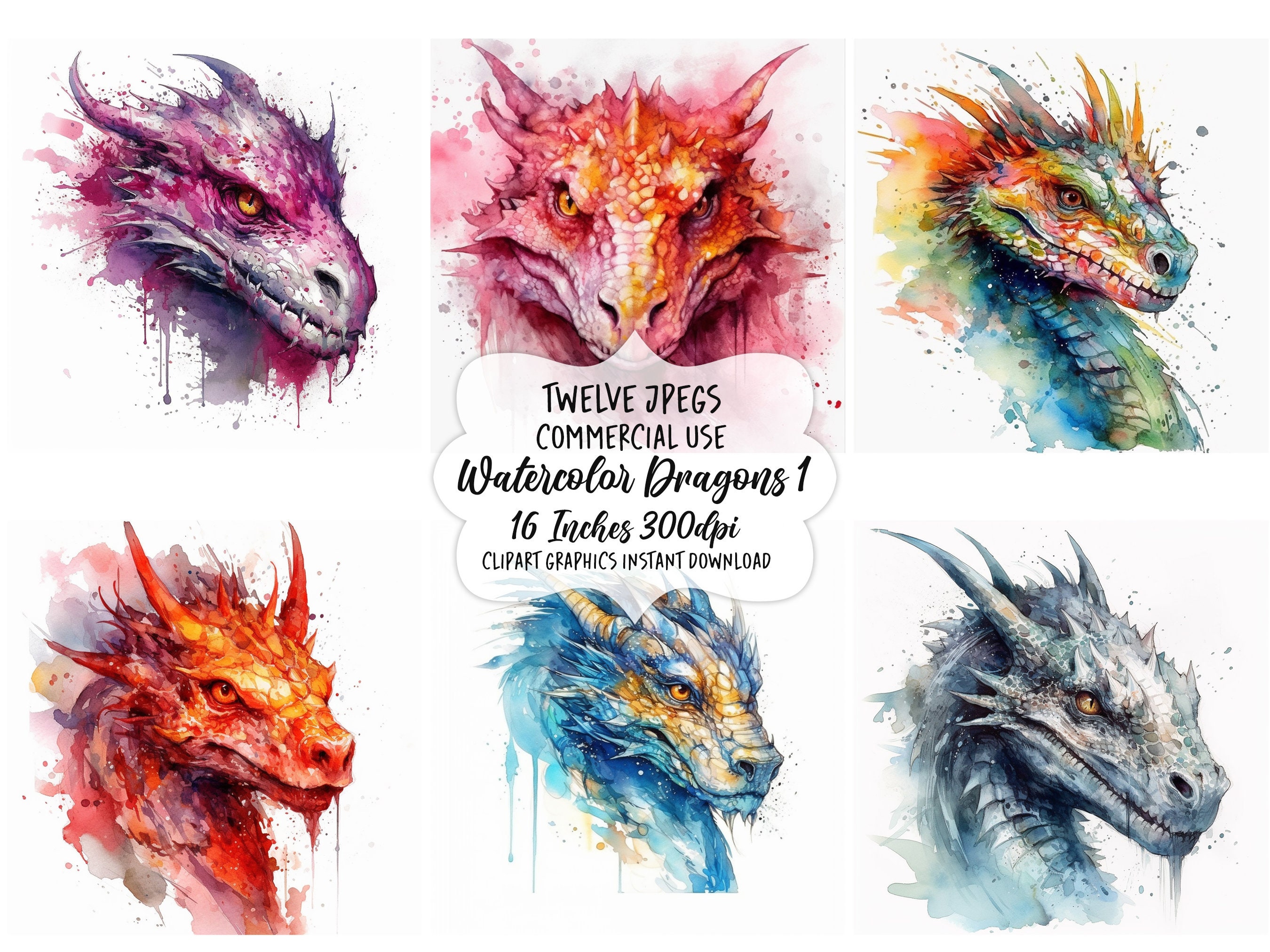 Dragons Watercolor Clipart, Fantasy Clipart, Commercial Use, Dragon Art ...