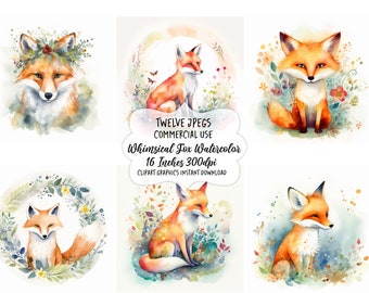 Cute Fox Watercolor Clipart, Clip Art for Commercial Use, Transparent ...