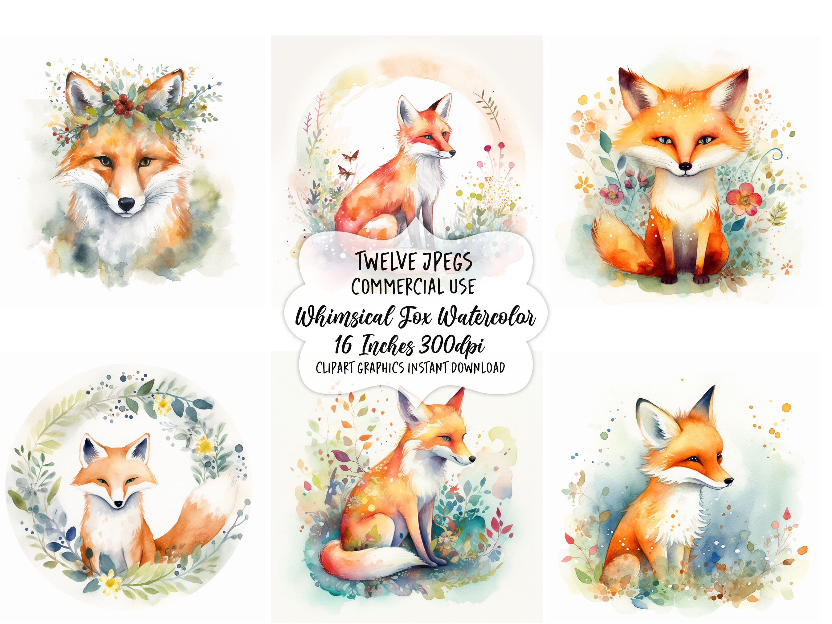 Fox Watercolor Clipart, Cute Fox Watercolor Clip Art, Fox Nursery Wall ...