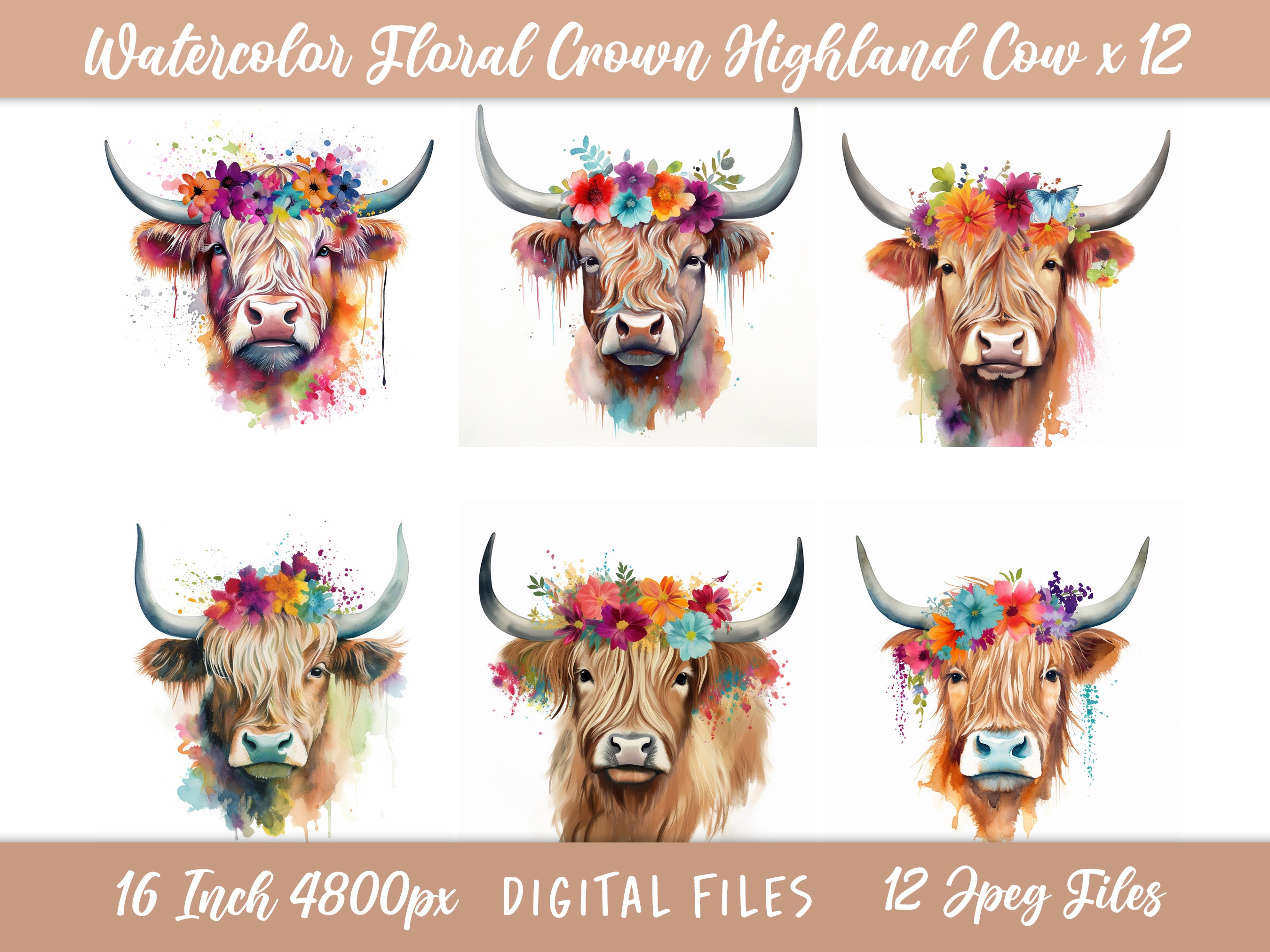 Highland Cow Clipart Floral Crown, 12 Jpgs, Card Making, Wall Art, Junk ...