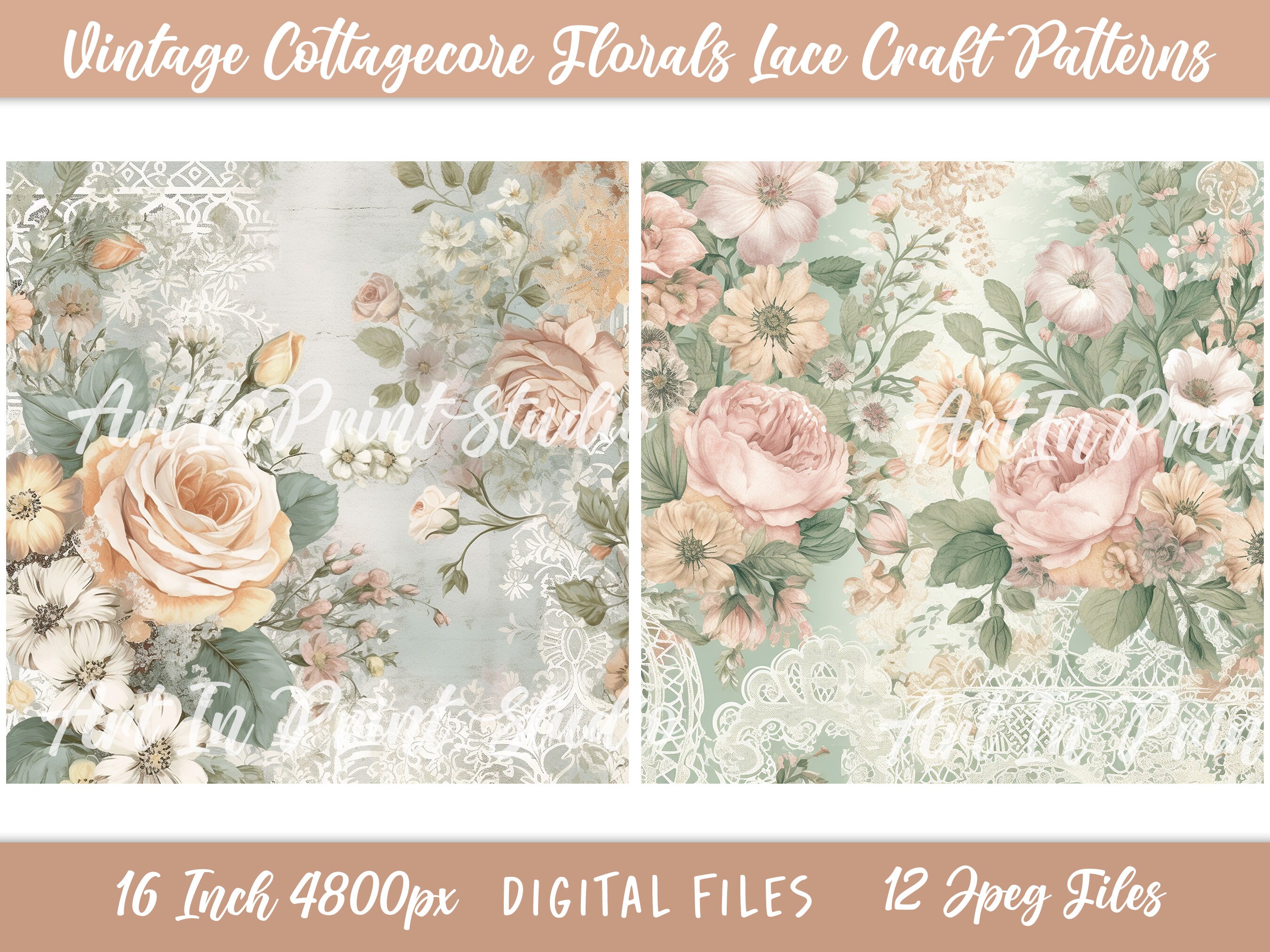 Cottagecore Vintage Floral Lace Craft Pattern Digital Papers, Junk ...