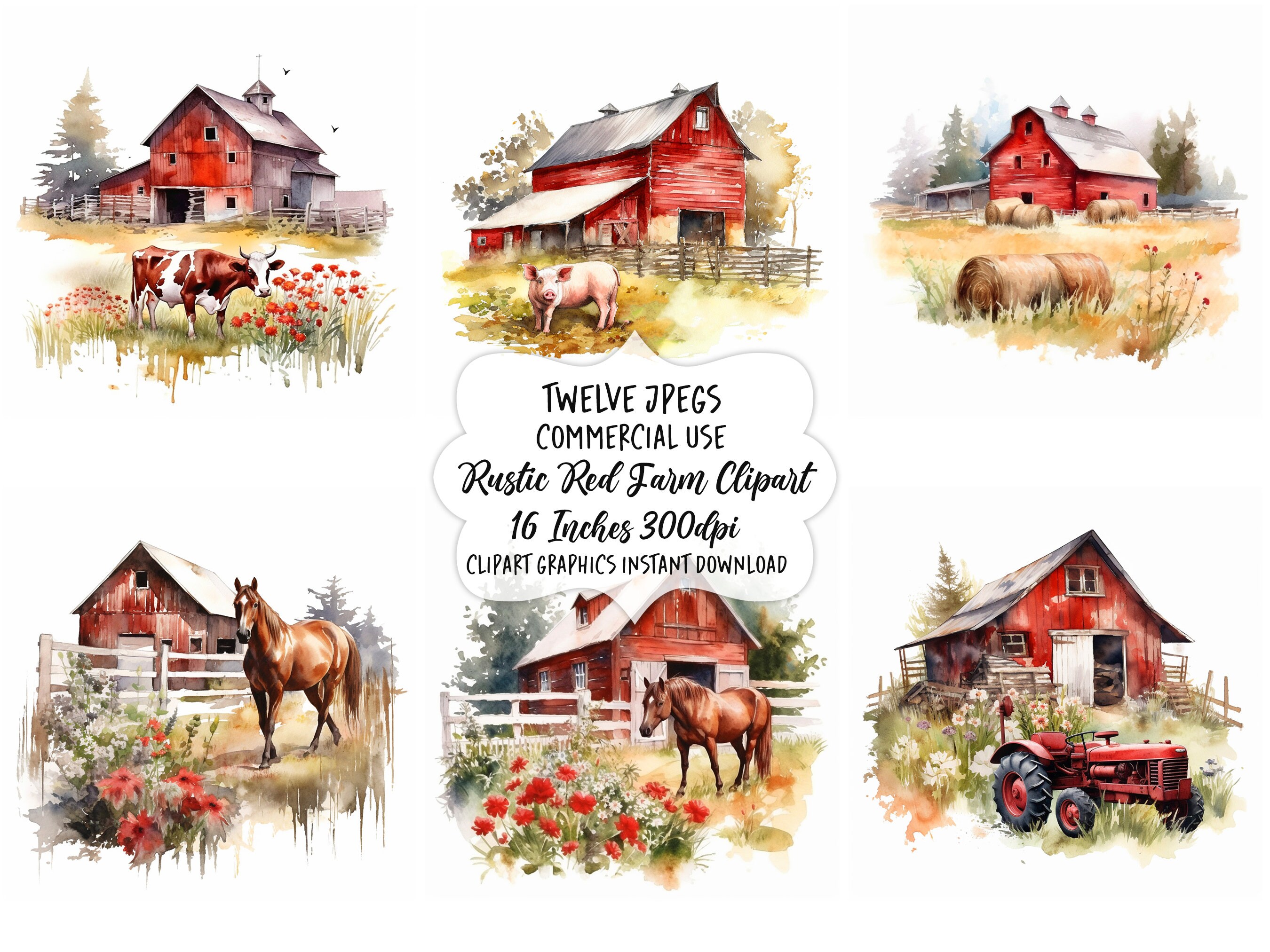 Watercolor Clipart Farm Farmhouse Clip Art Watercolor - Etsy