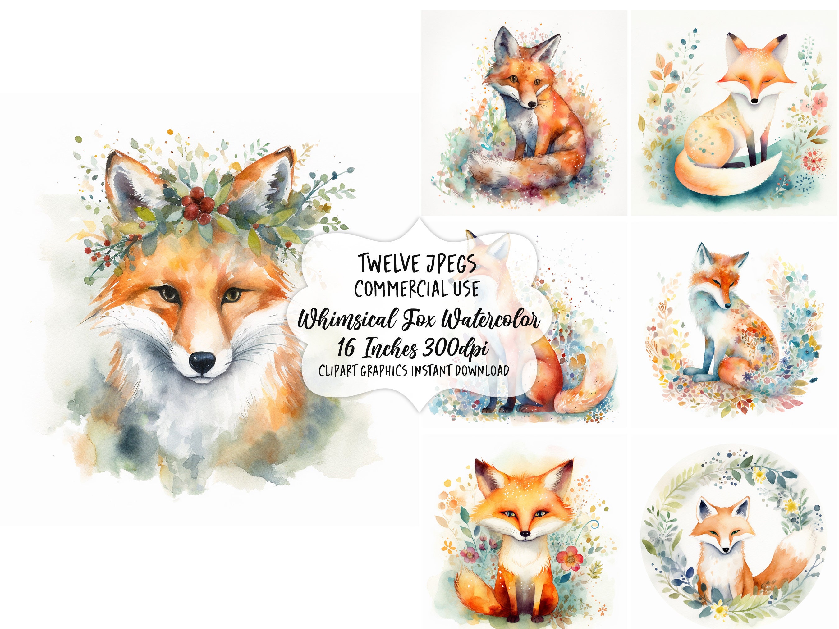 Fox Watercolor Clipart, Cute Fox Watercolor Clip Art, Fox Nursery Wall ...