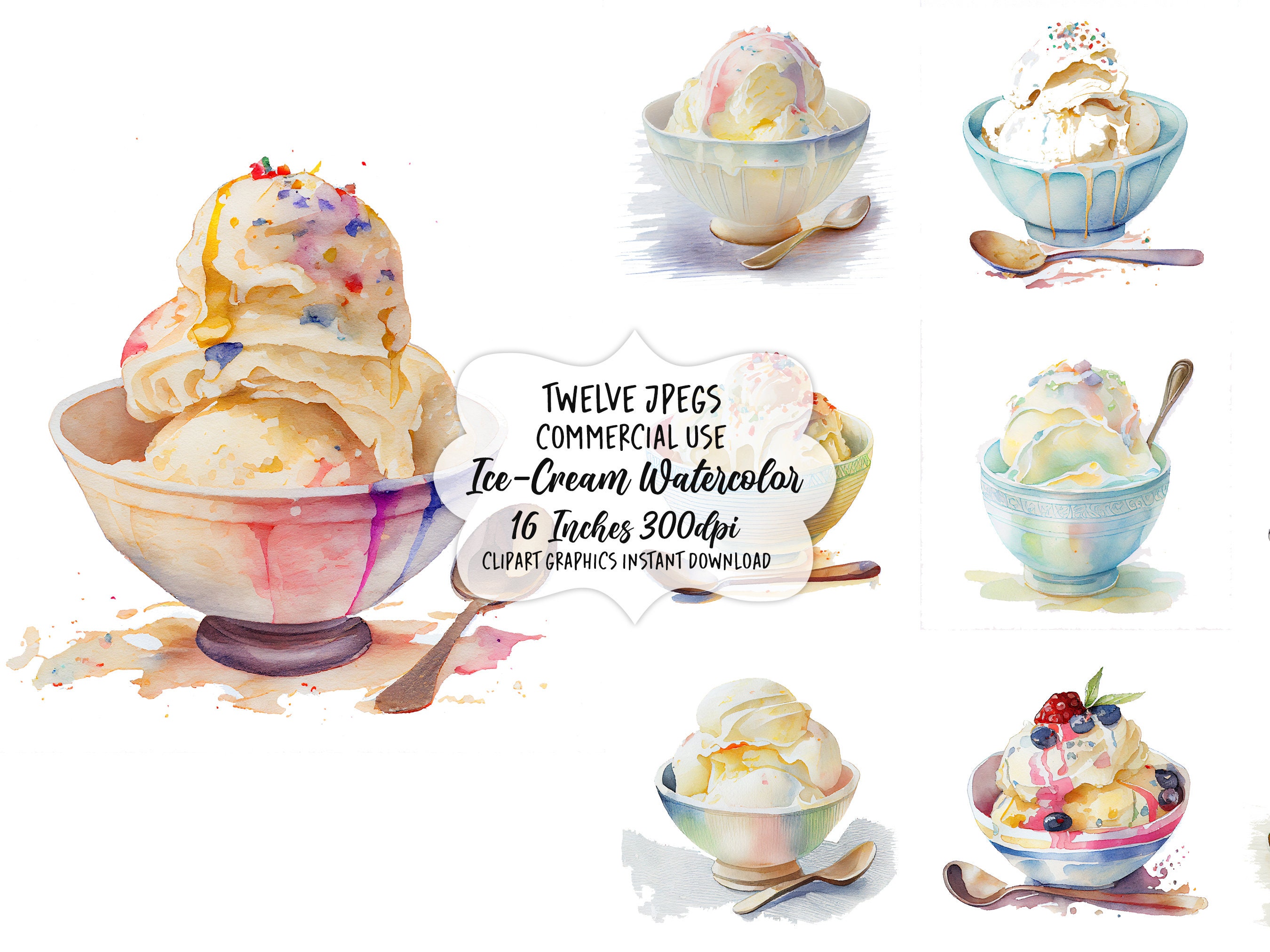 Watercolor Ice Cream Clipart, Ice-cream Clip Art, Commercial Use ...