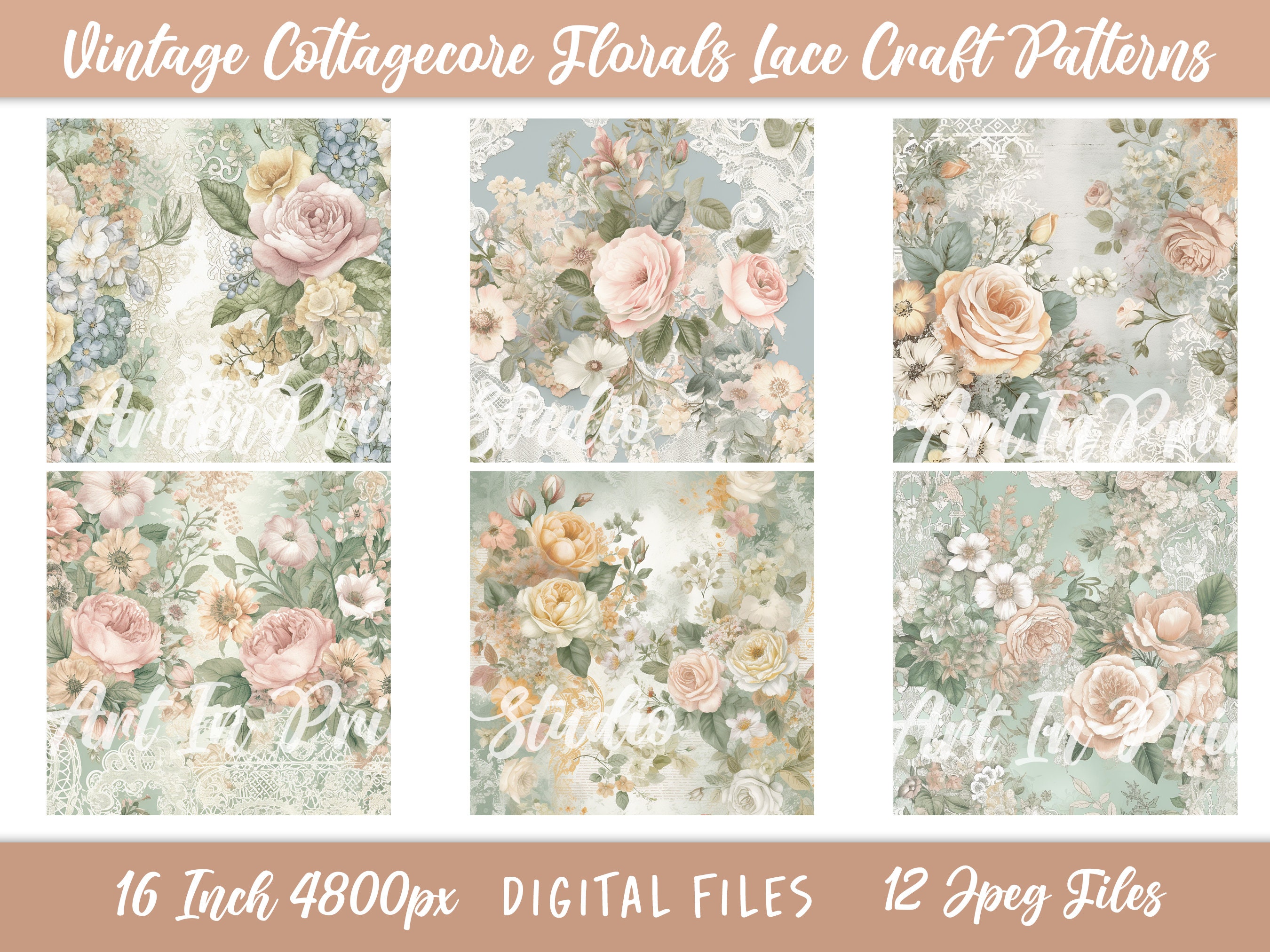 Cottagecore Vintage Floral Lace Craft Pattern Digital Papers, Junk ...