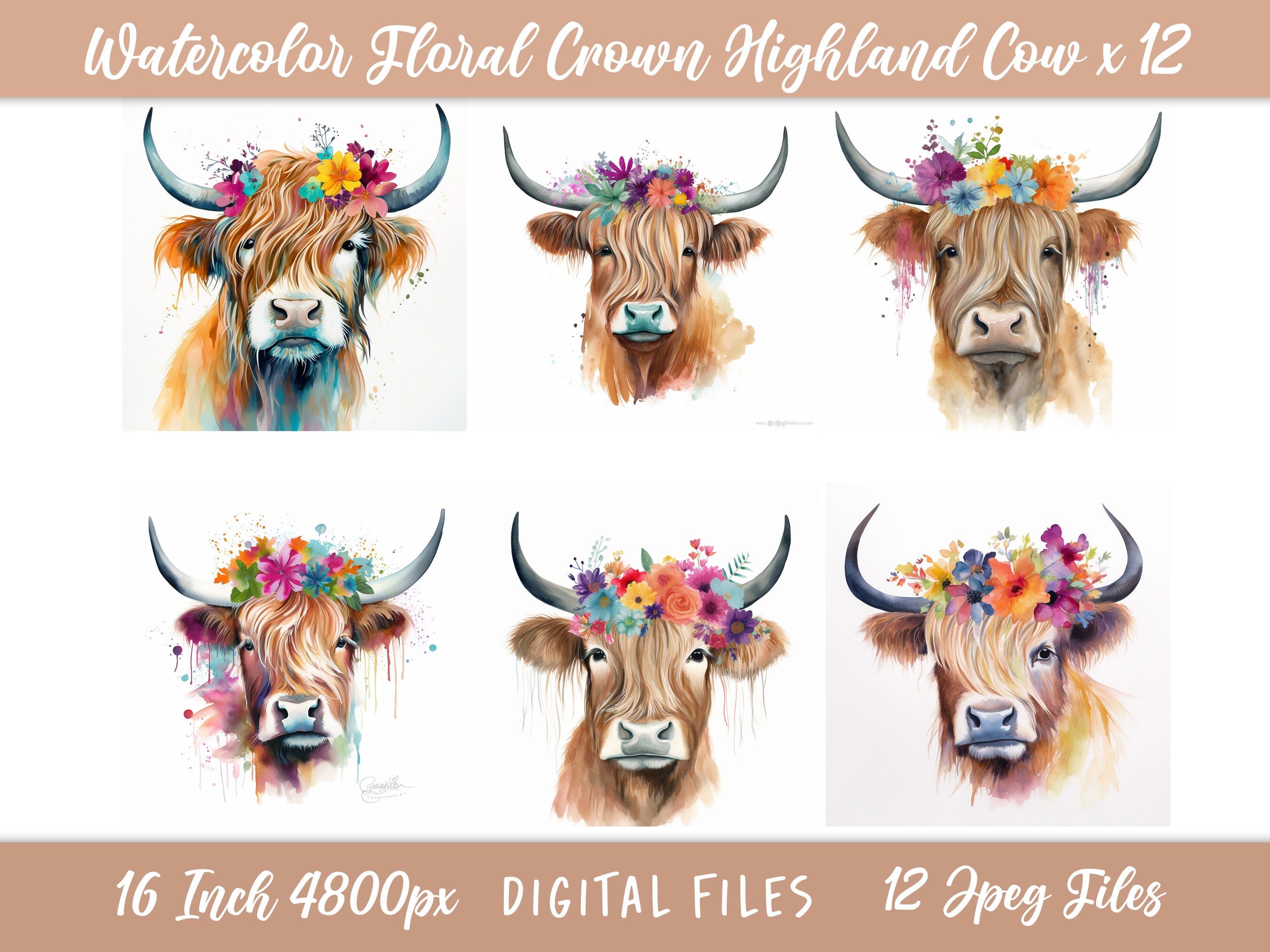 Highland Cow Clipart Floral Crown, 12 Jpgs, Card Making, Wall Art, Junk ...