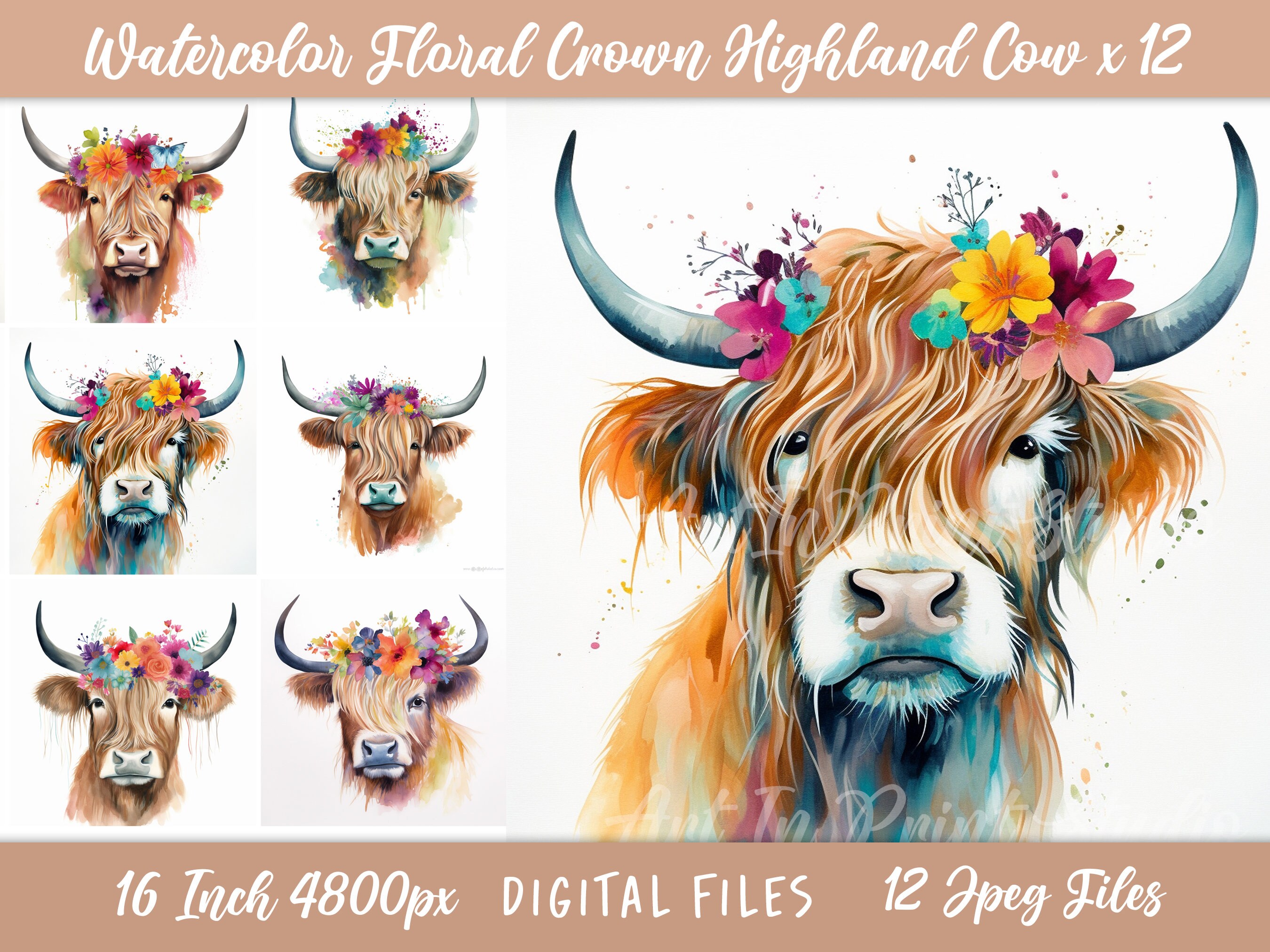 Highland Cow Clipart Floral Crown, 12 Jpgs, Card Making, Wall Art, Junk ...
