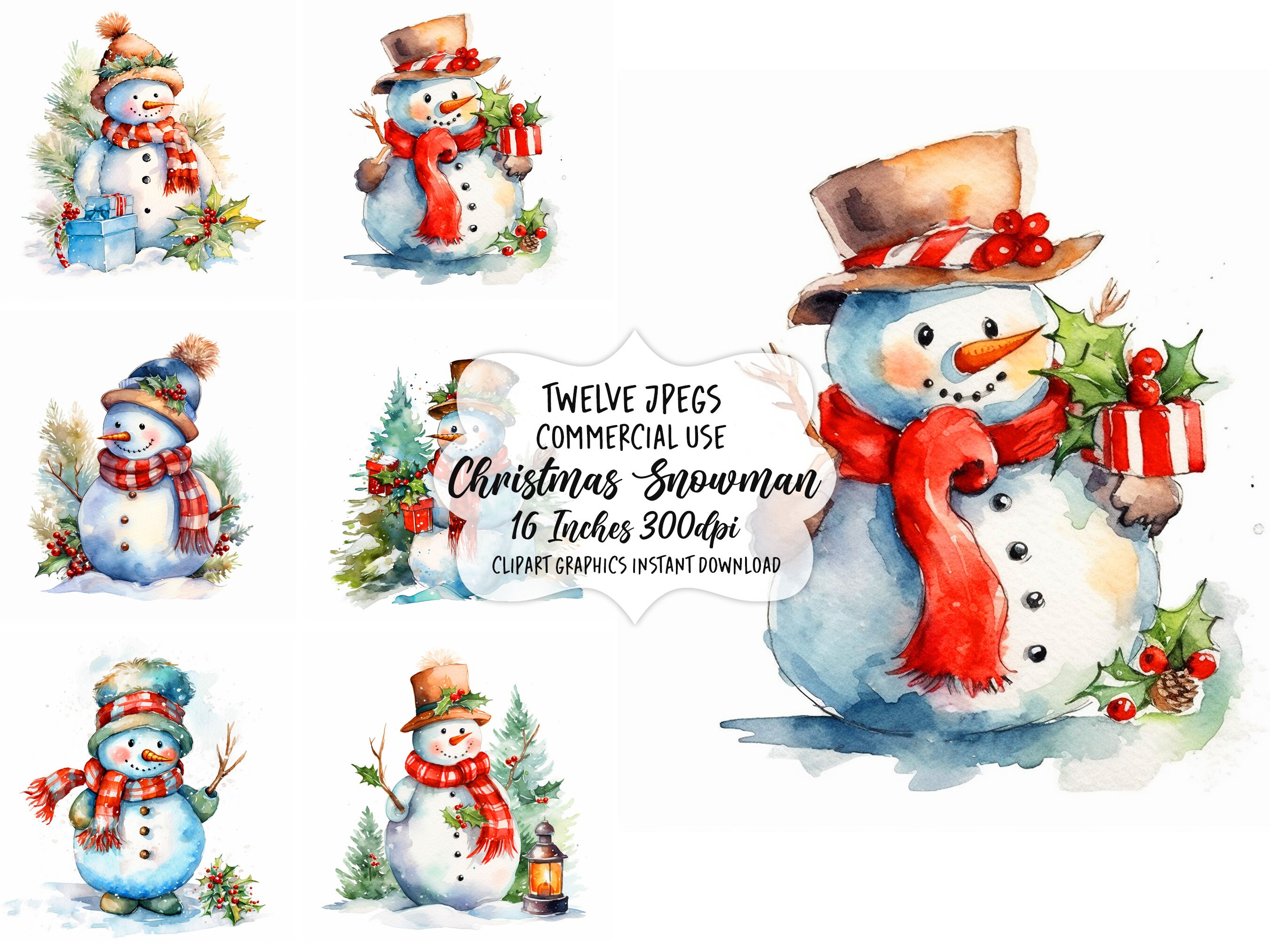 Cute Snowman Clipart, Christmas Clip Art, Watercolor Graphics, Winter ...