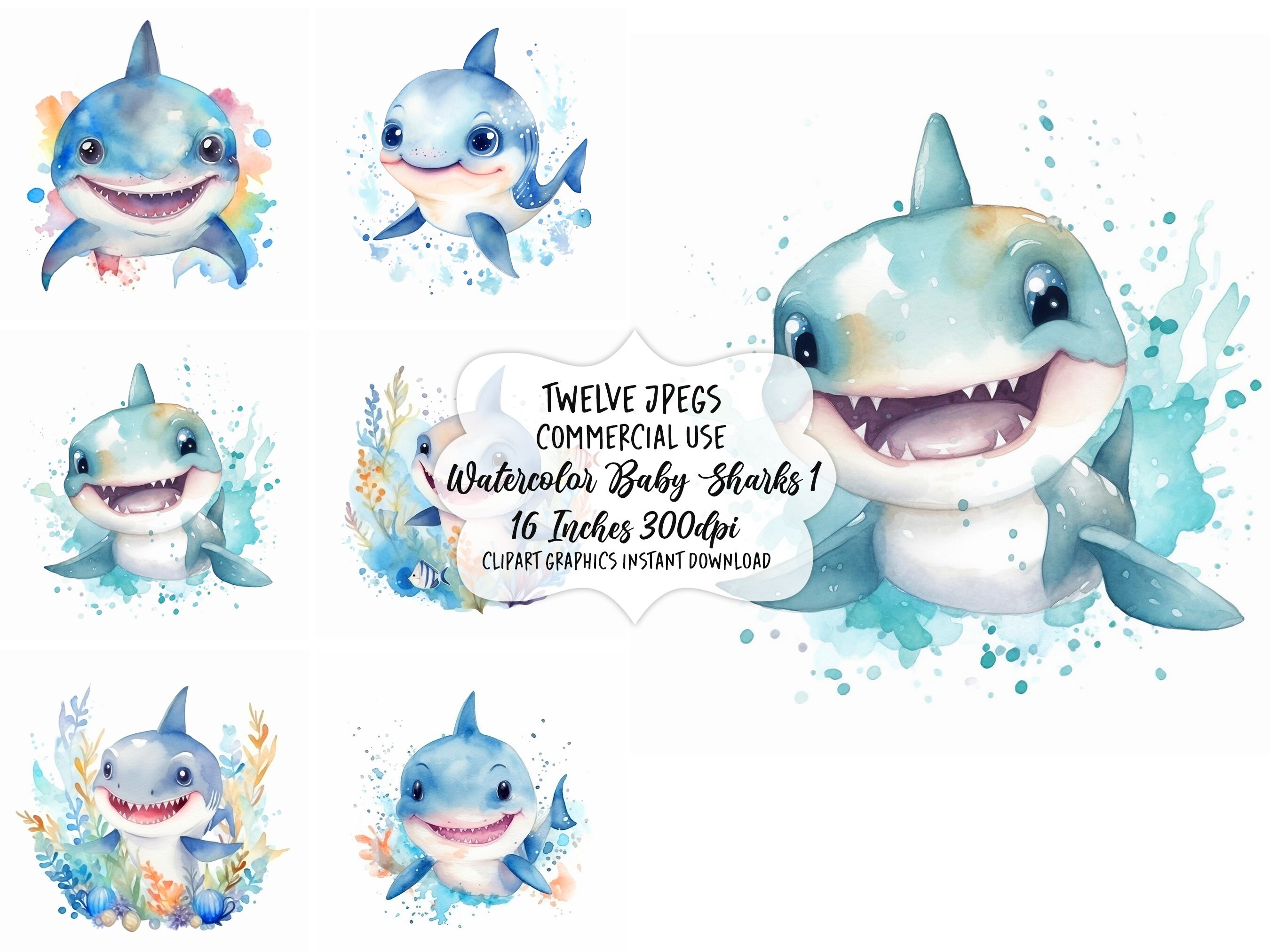 Baby Shark Clipart, Cute Shark Clip Art, Nursery Prints, Printable Wall ...