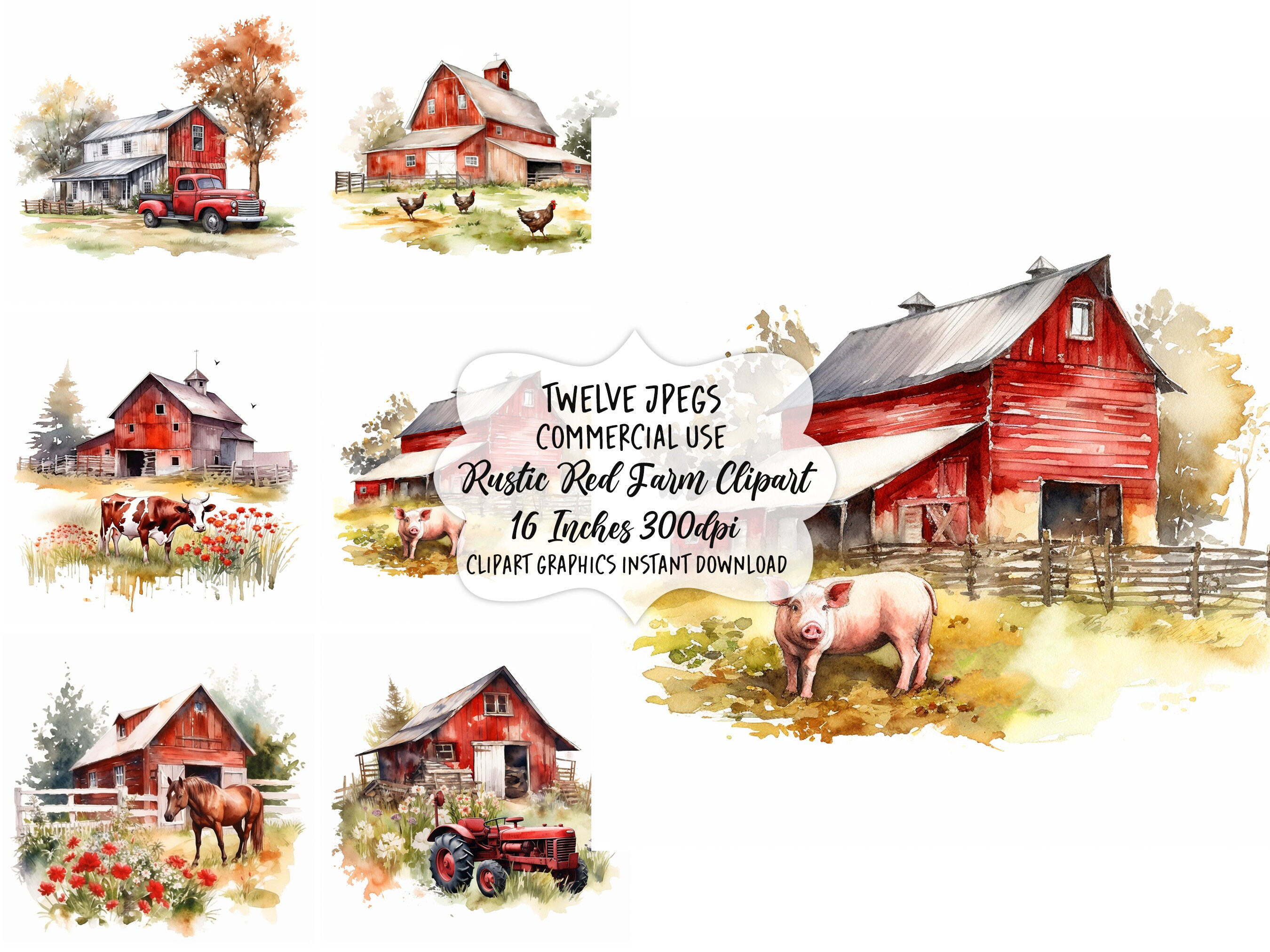 Watercolor Clipart Farm Farmhouse Clip Art Watercolor - Etsy