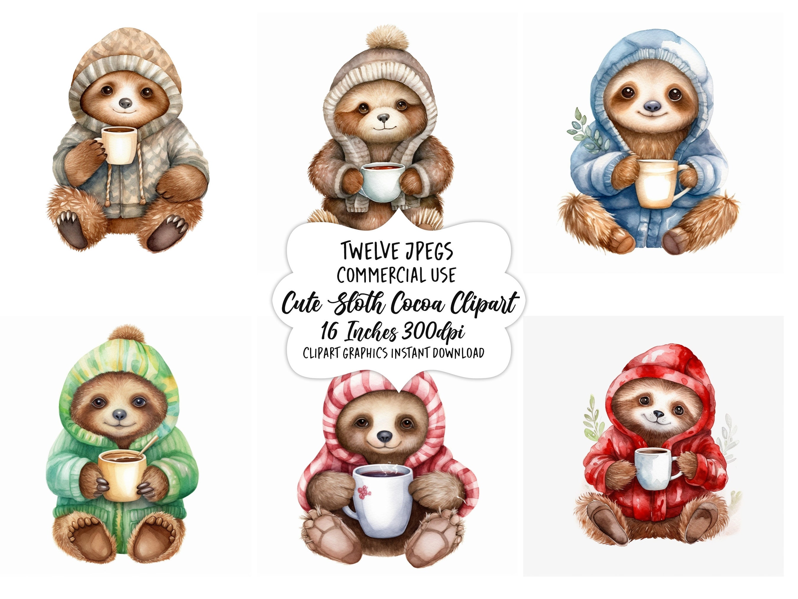 Cute Sloth Clipart, Cute Animals Clip Art, Winter Clipart, Hot Cocoa ...