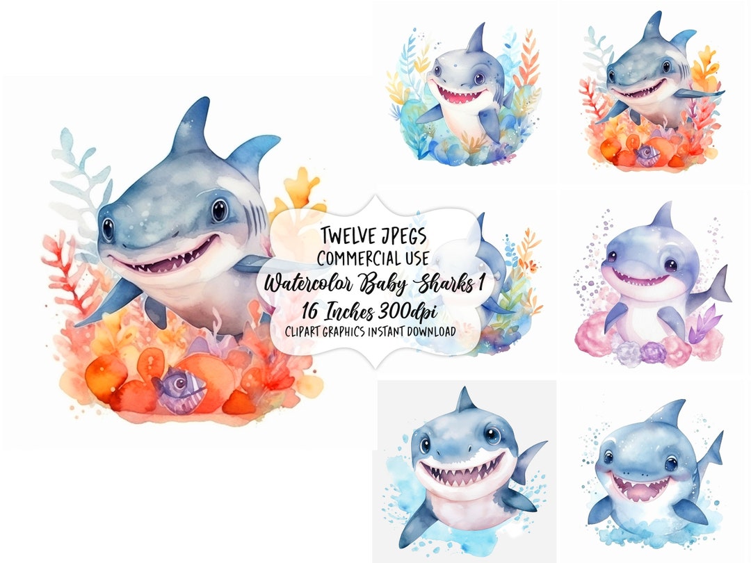 Baby Shark Clipart, Cute Shark Clip Art, Nursery Prints, Printable Wall ...