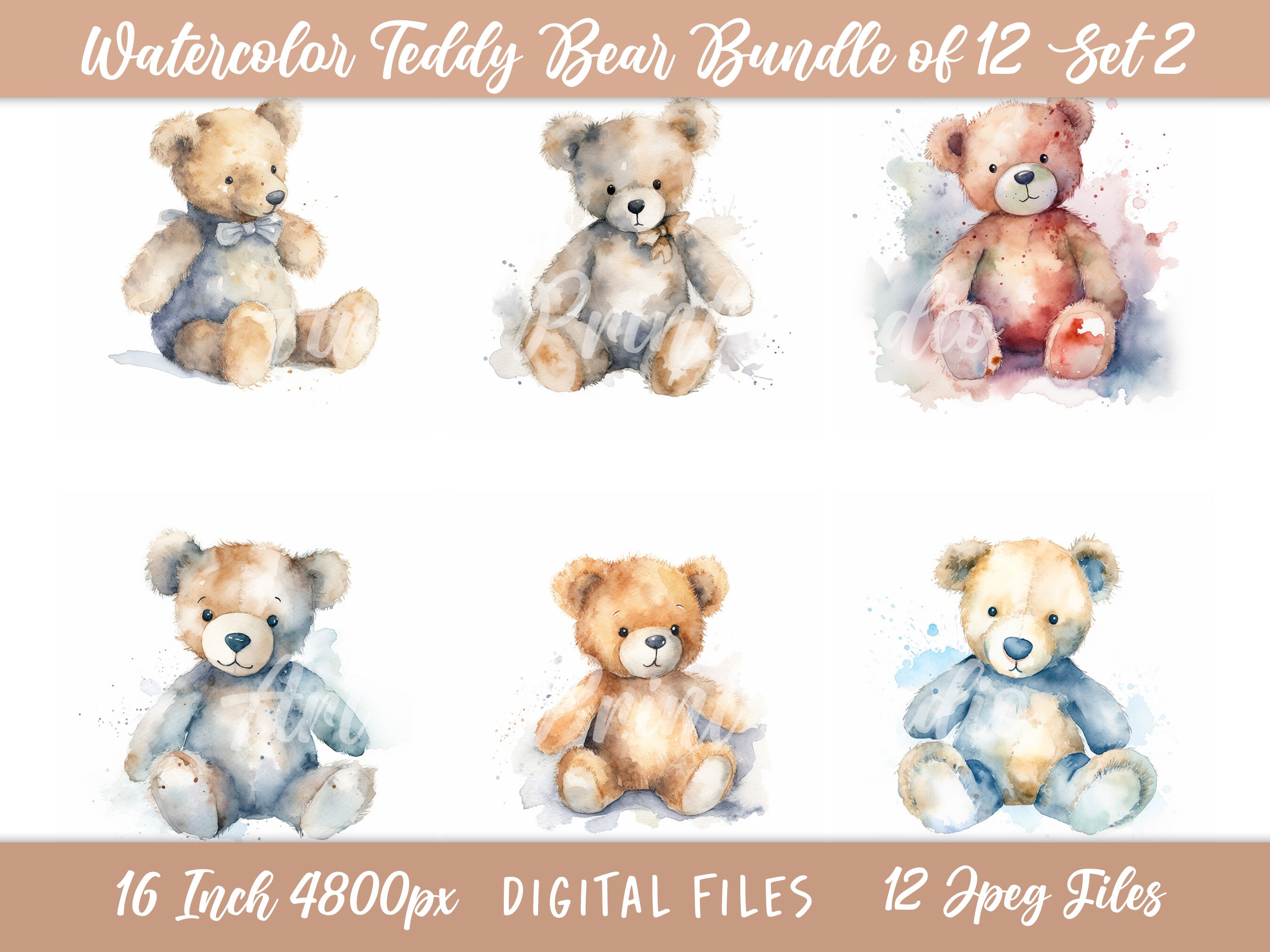 Watercolor Teddy Bear Baby Shower Digital Paper Craft Nursery Art ...