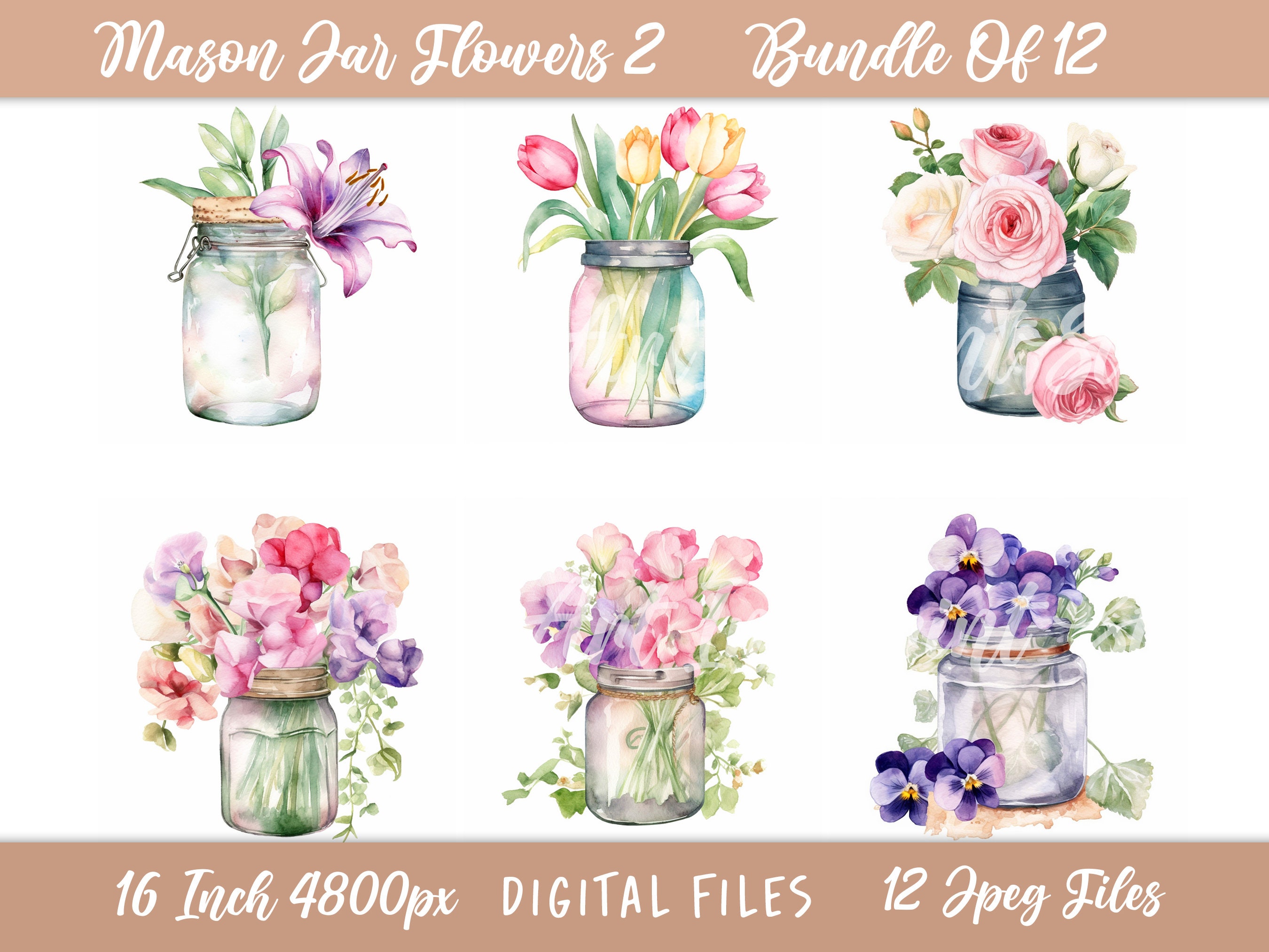 Flowers Mason Jar Vase Clipart 2 12 High Quality Jpgs Digital Planner ...