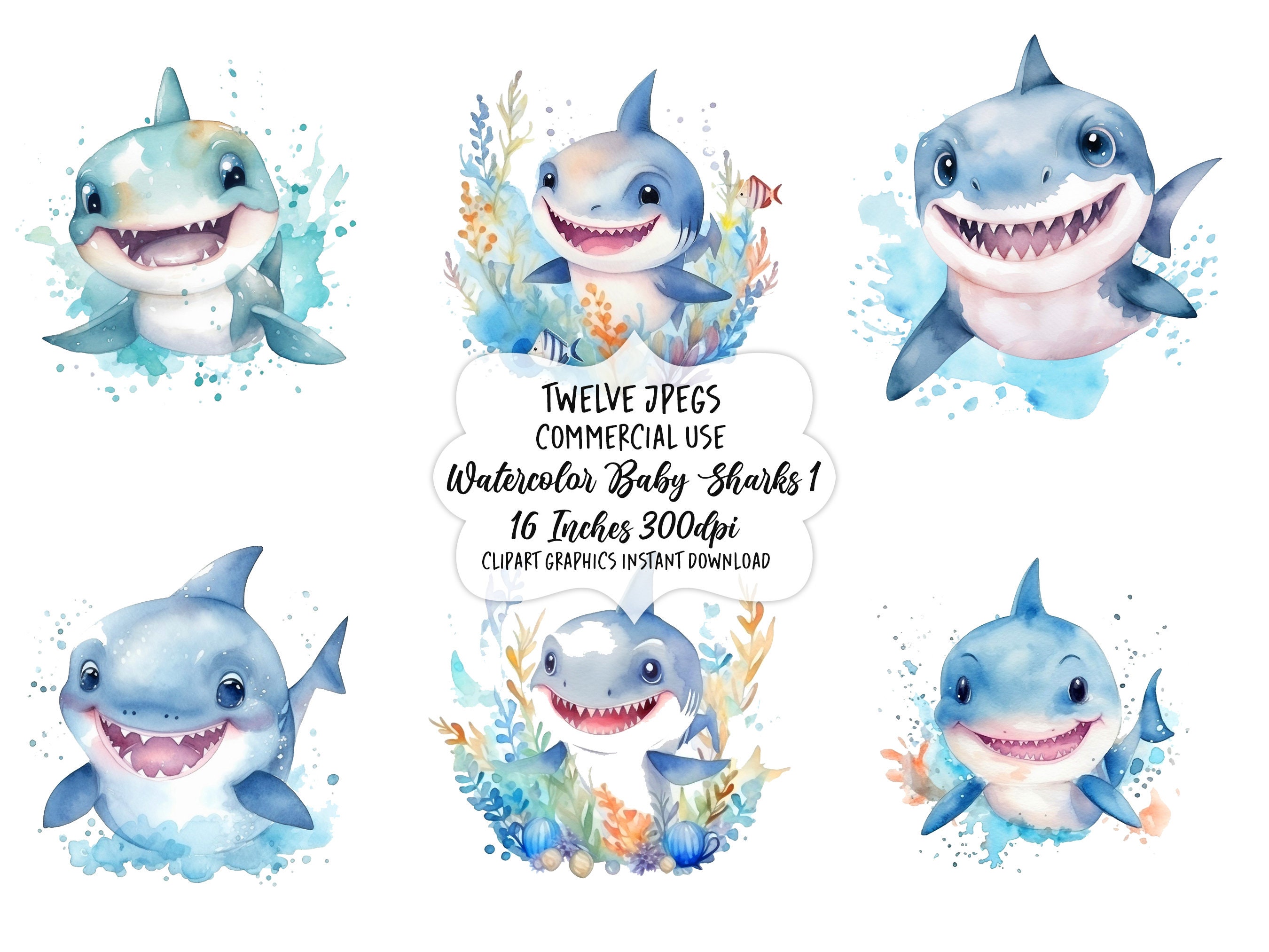 Baby Shark Clipart, Cute Shark Clip Art, Nursery Prints, Printable Wall ...