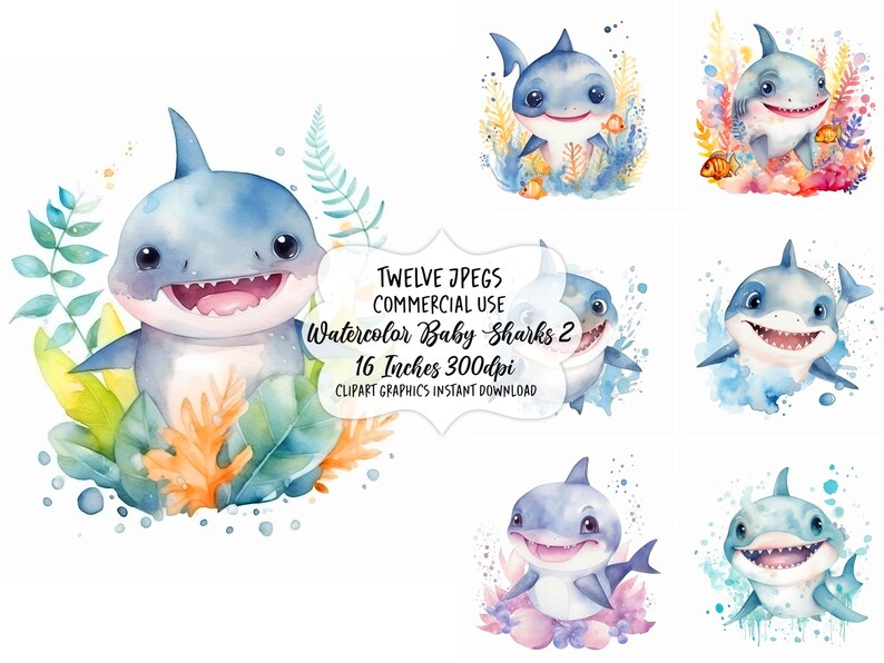 Baby Shark Clipart, Cute Shark Clip Art, Nursery Prints, Printable Wall ...