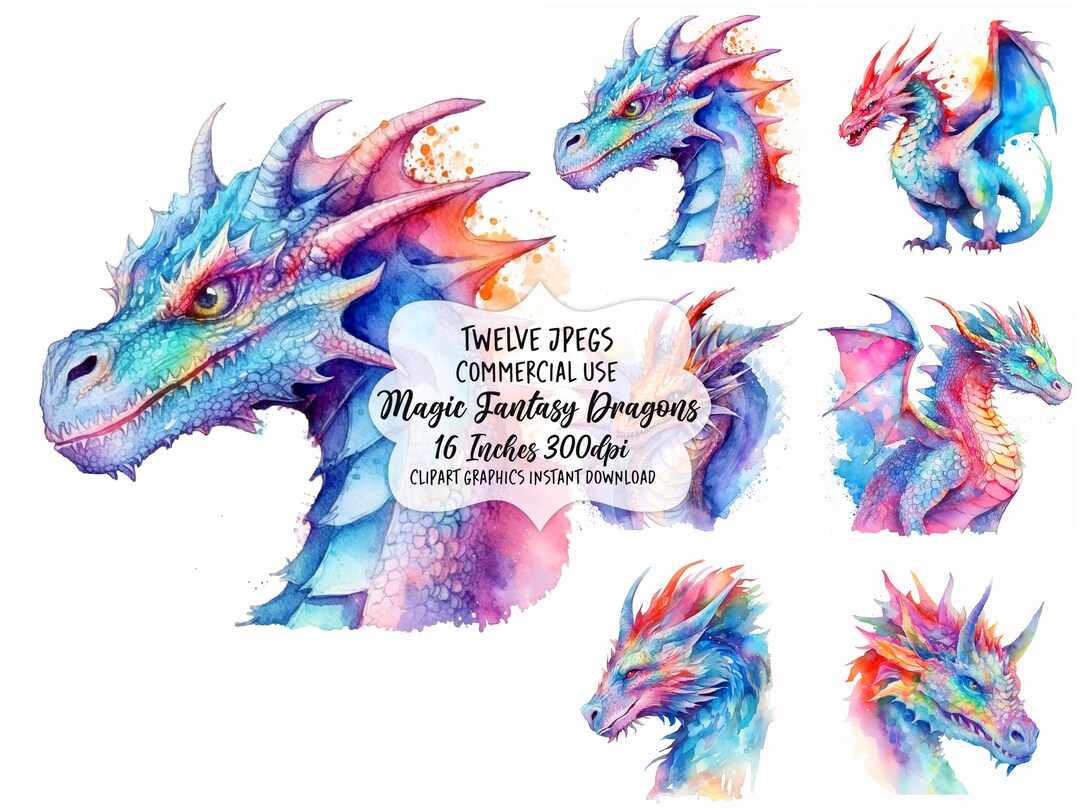Dragons Watercolor Clipart, Fantasy Clipart, Magical Clip Art, Full ...