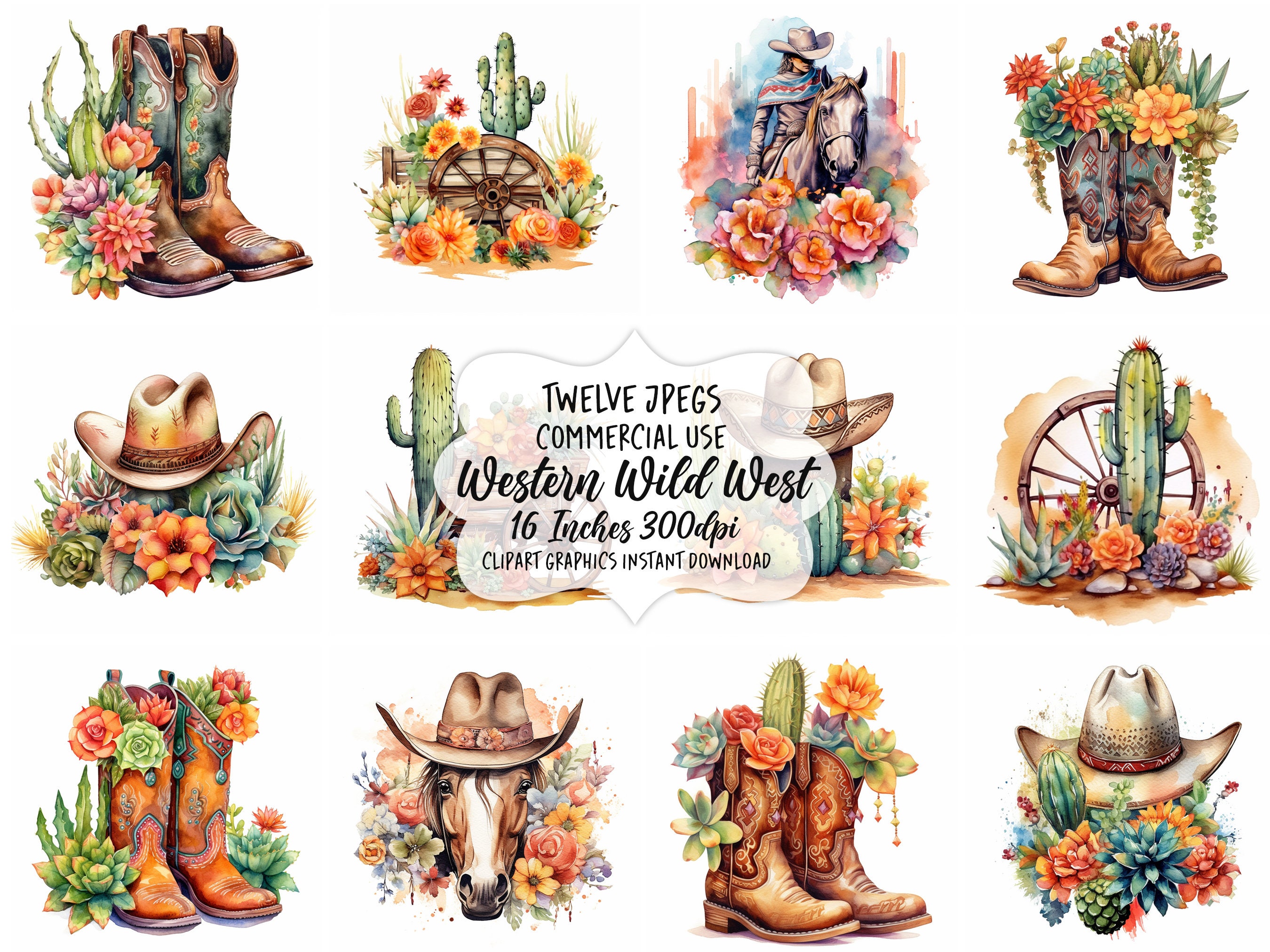 Watercolor Western Clipart Wild West Texas Cowboy Printable - Etsy