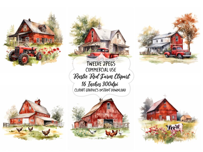 Watercolor Clipart Farm Farmhouse Clip Art Watercolor - Etsy