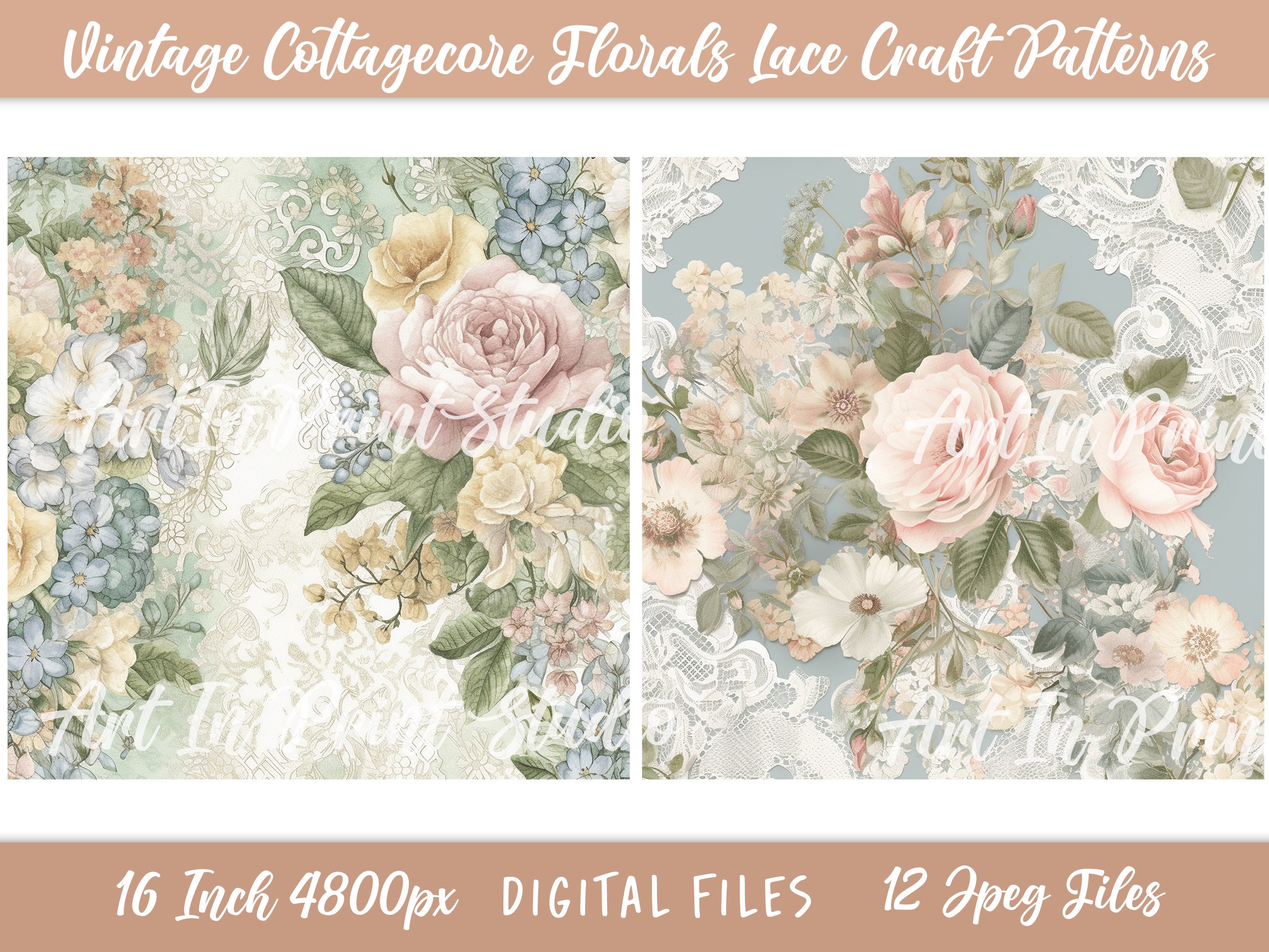 Cottagecore Vintage Floral Lace Craft Pattern Digital Papers, Junk ...