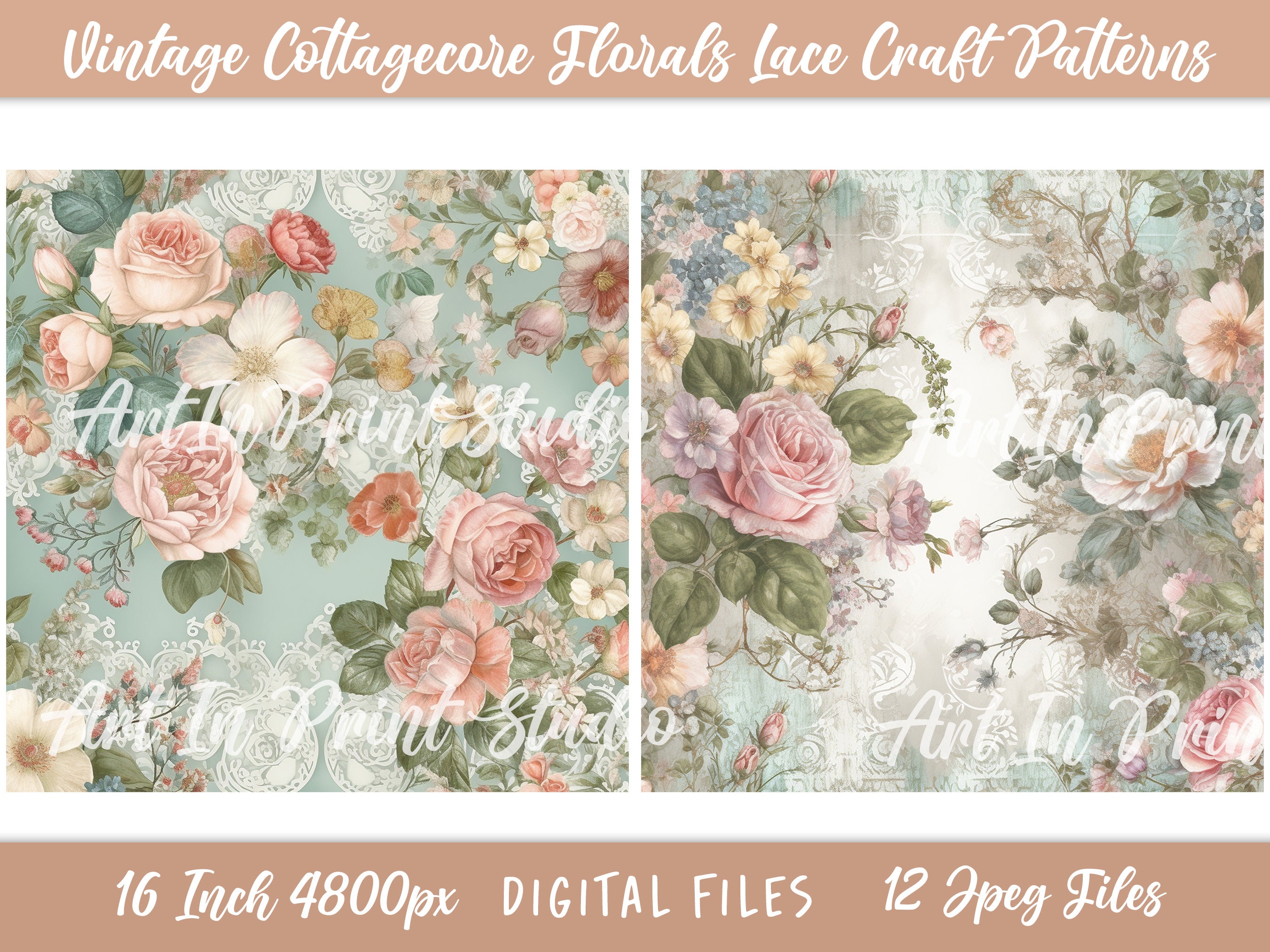 Cottagecore Vintage Floral Lace Craft Pattern Digital Papers, Junk ...