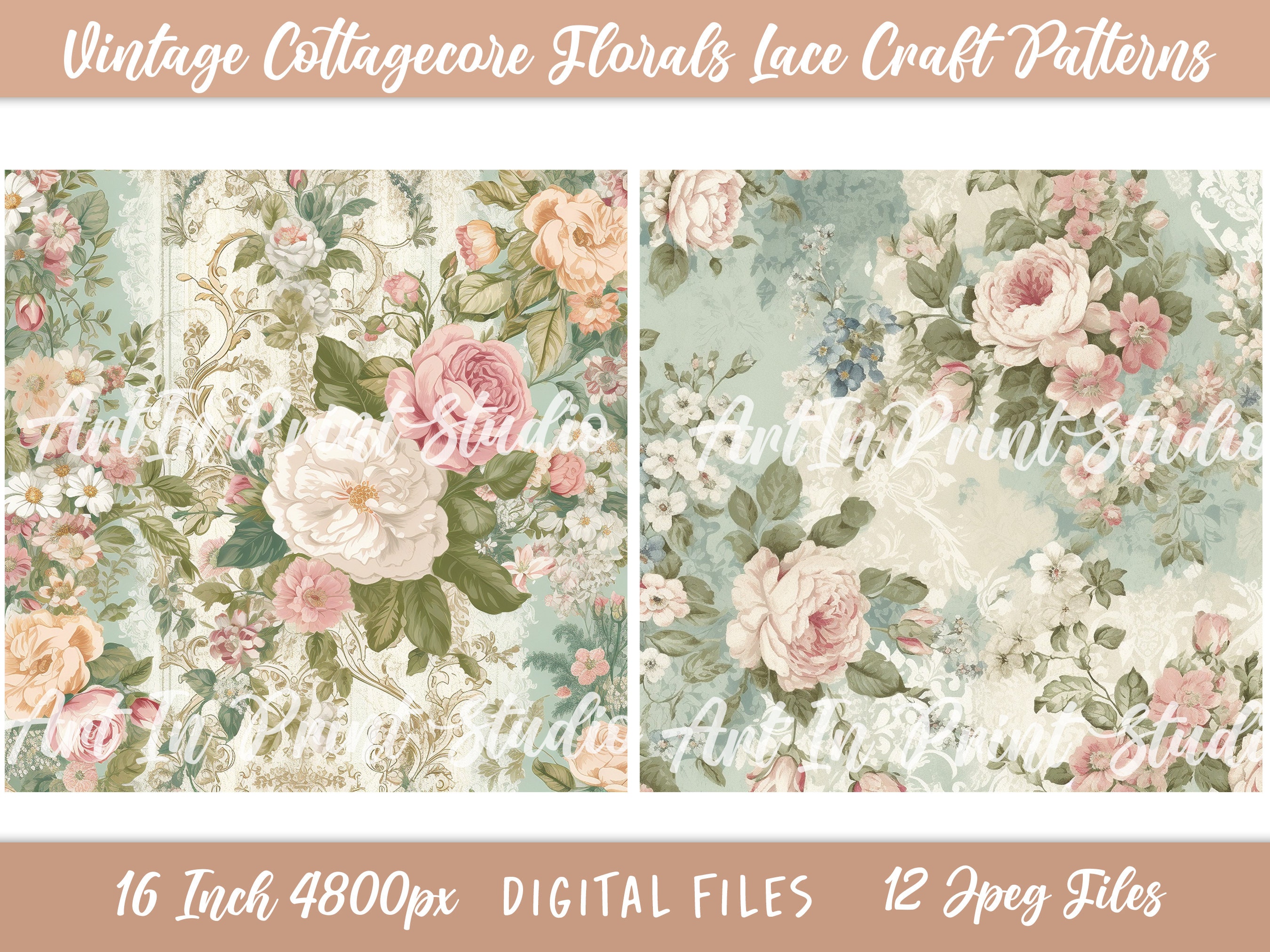 Cottagecore Vintage Floral Lace Craft Pattern Digital Papers, Junk ...