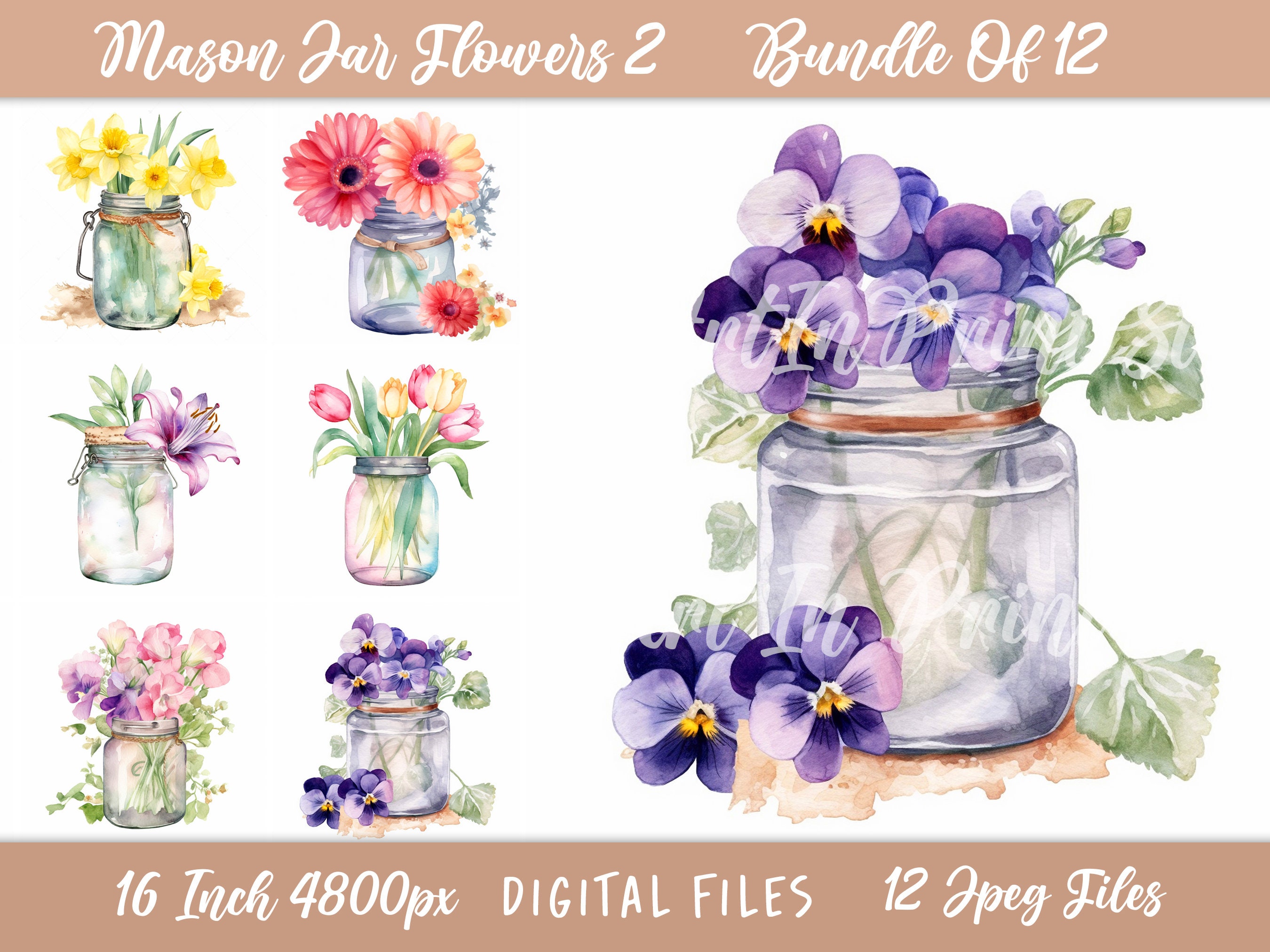 Flowers Mason Jar Vase Clipart 2 12 High Quality Jpgs Digital Planner ...