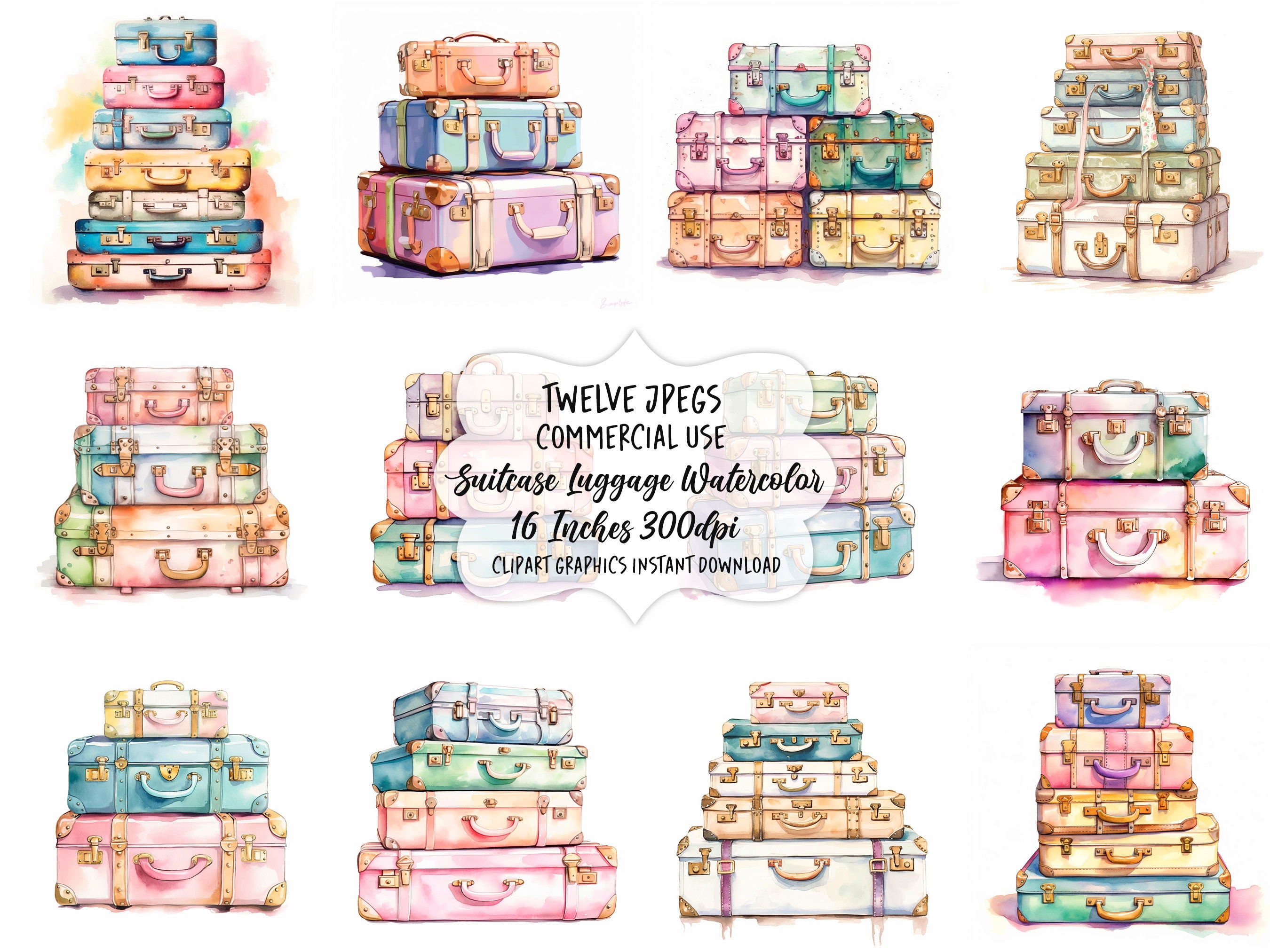 Travel Luggage Clipart, Suitcase Clip Art, Vacation Images, Instant ...