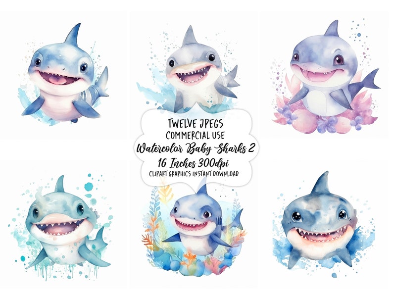 Baby Shark Clipart, Cute Shark Clip Art, Nursery Prints, Printable Wall ...