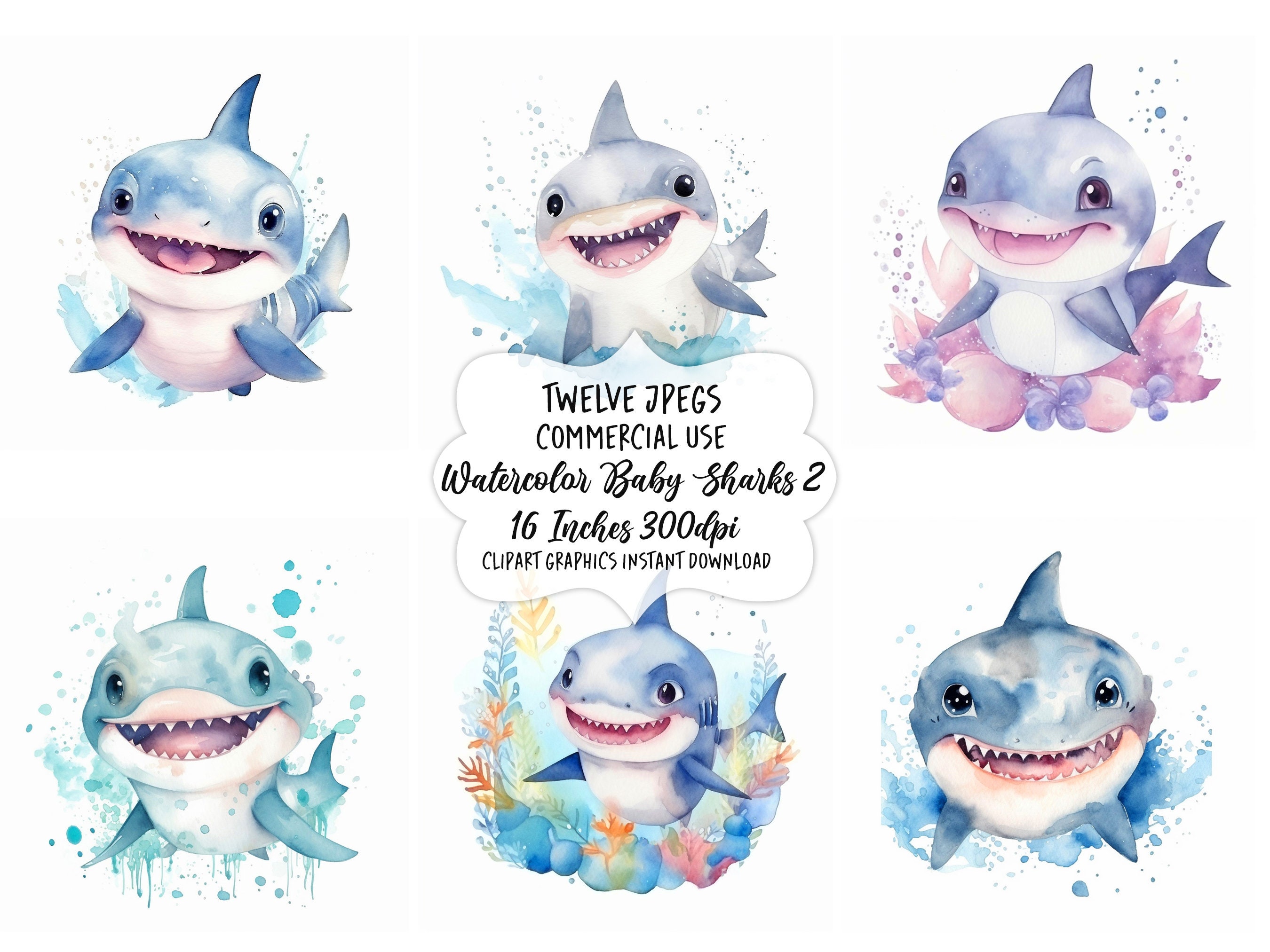 Baby Shark Clipart, Cute Shark Clip Art, Nursery Prints, Printable Wall ...