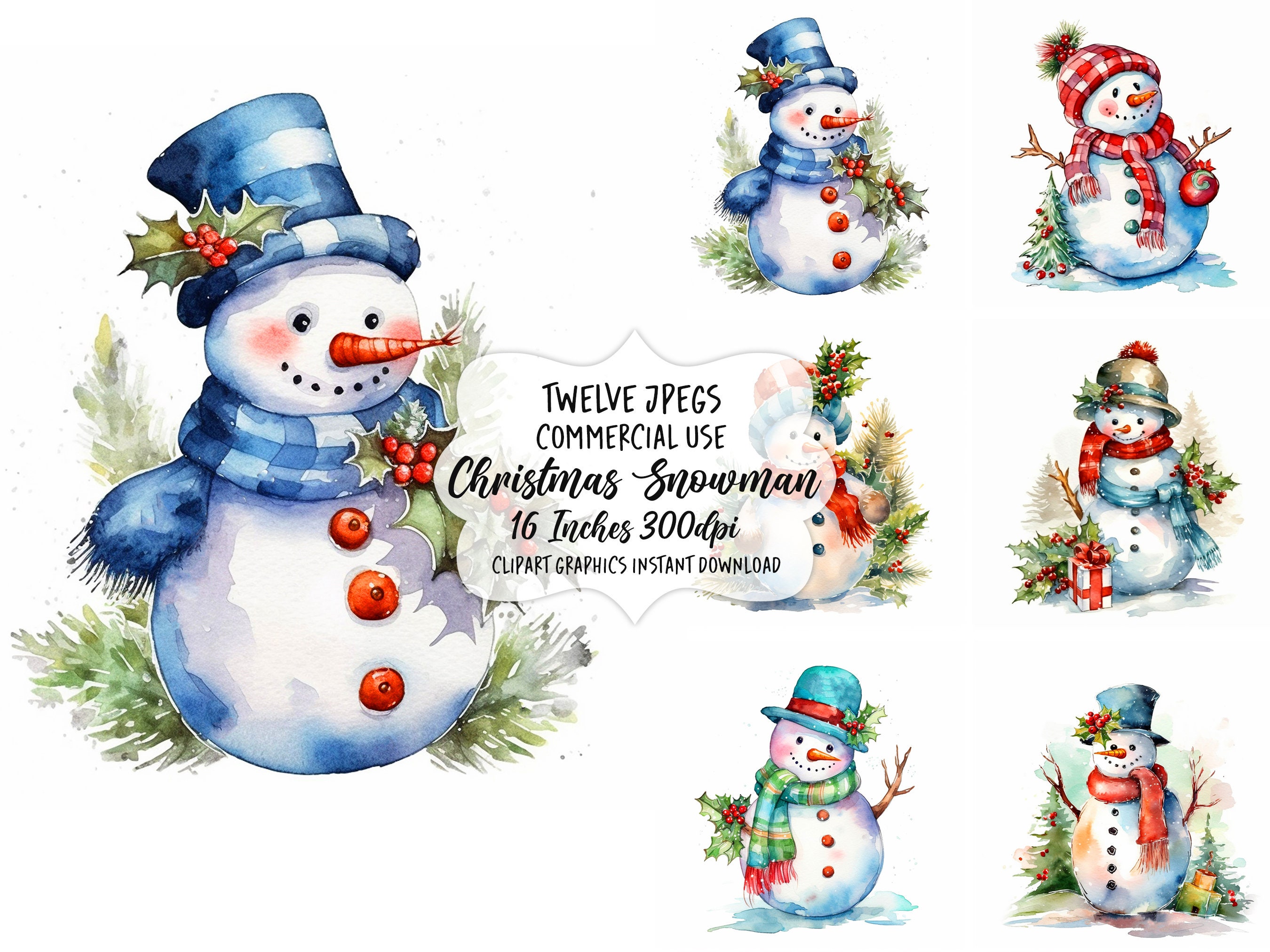 Cute Snowman Clipart, Christmas Clip Art, Watercolor Graphics, Winter ...