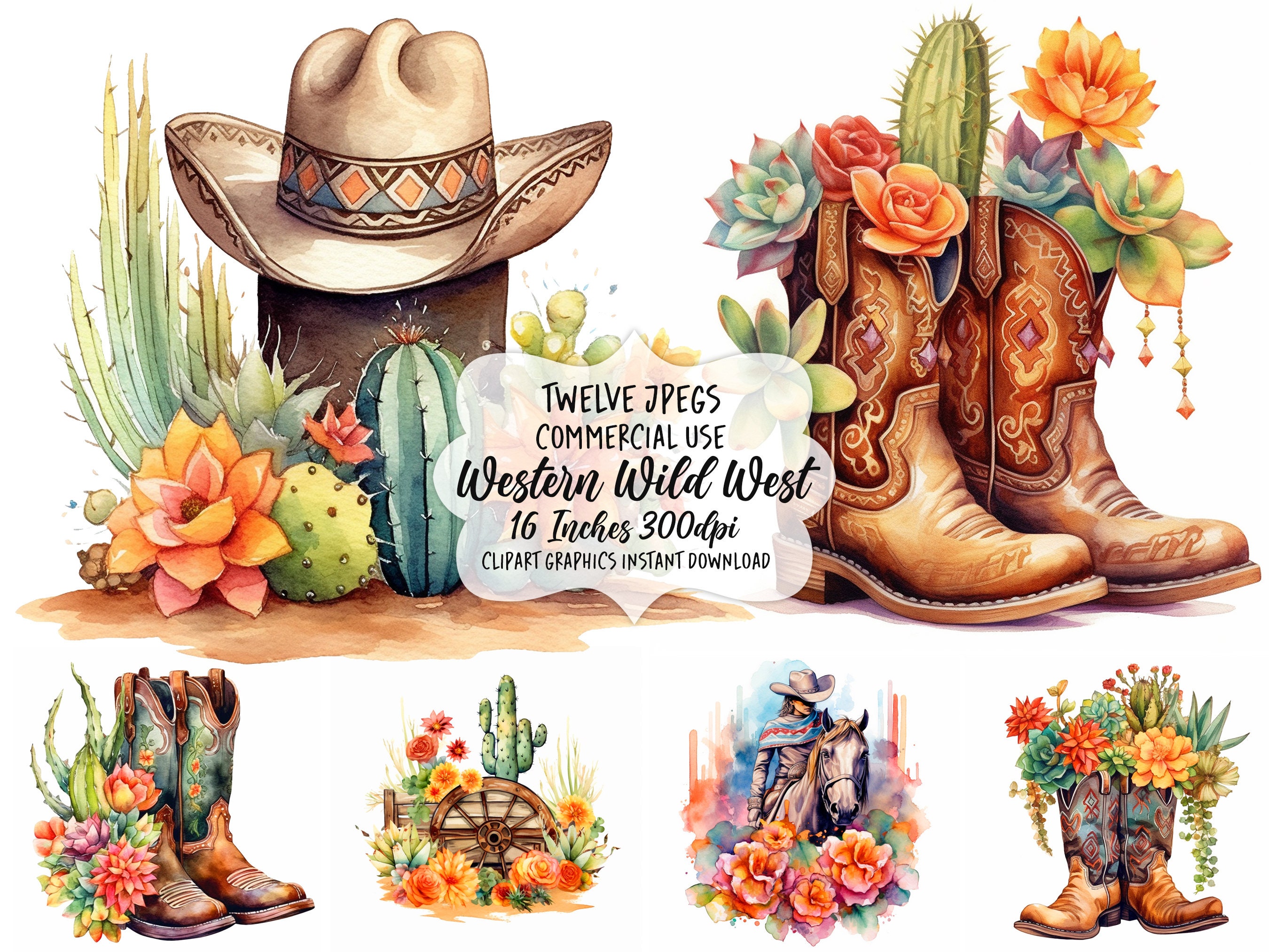 Watercolor Western Clipart Wild West Texas Cowboy Printable - Etsy