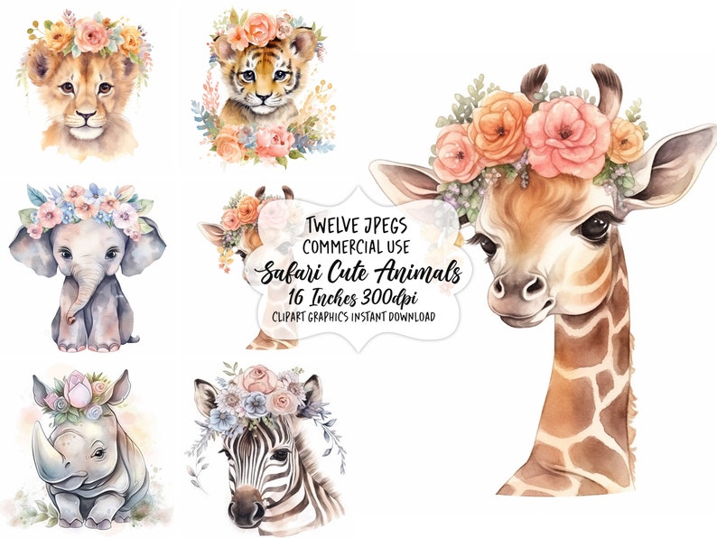 Safari Baby Animals Watercolor Clipart Digital Crafting - Etsy