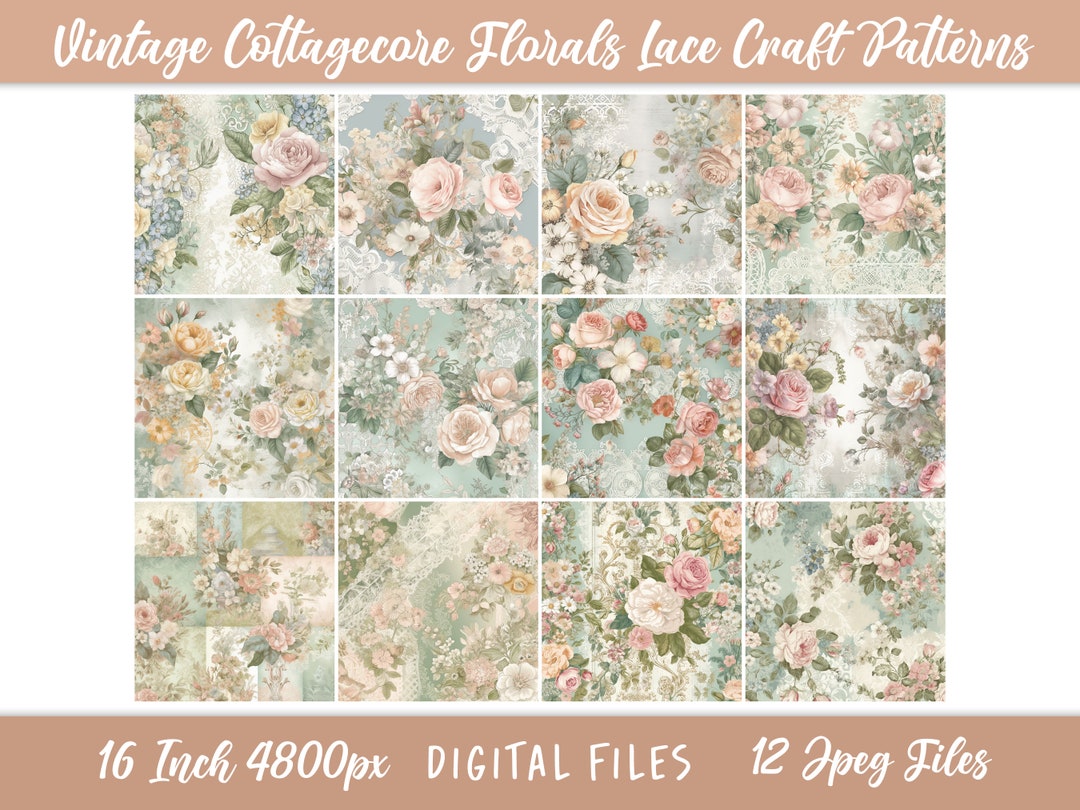 Cottagecore Vintage Floral Lace Craft Pattern Digital Papers, Junk ...