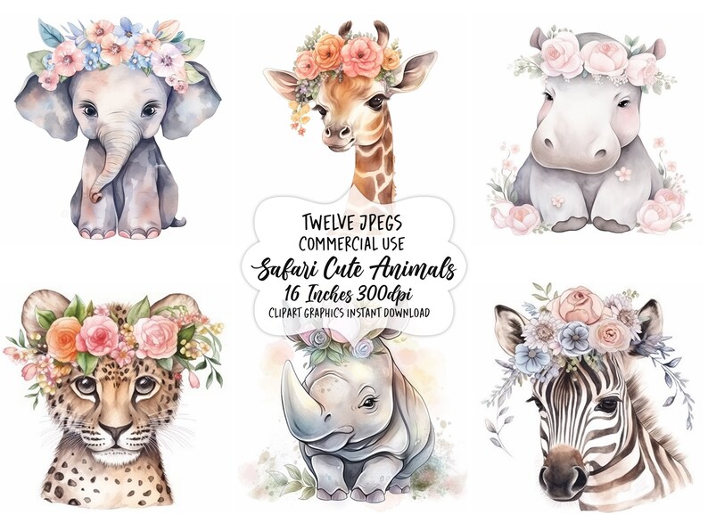 Safari Baby Animals Watercolor Clipart Digital Crafting - Etsy