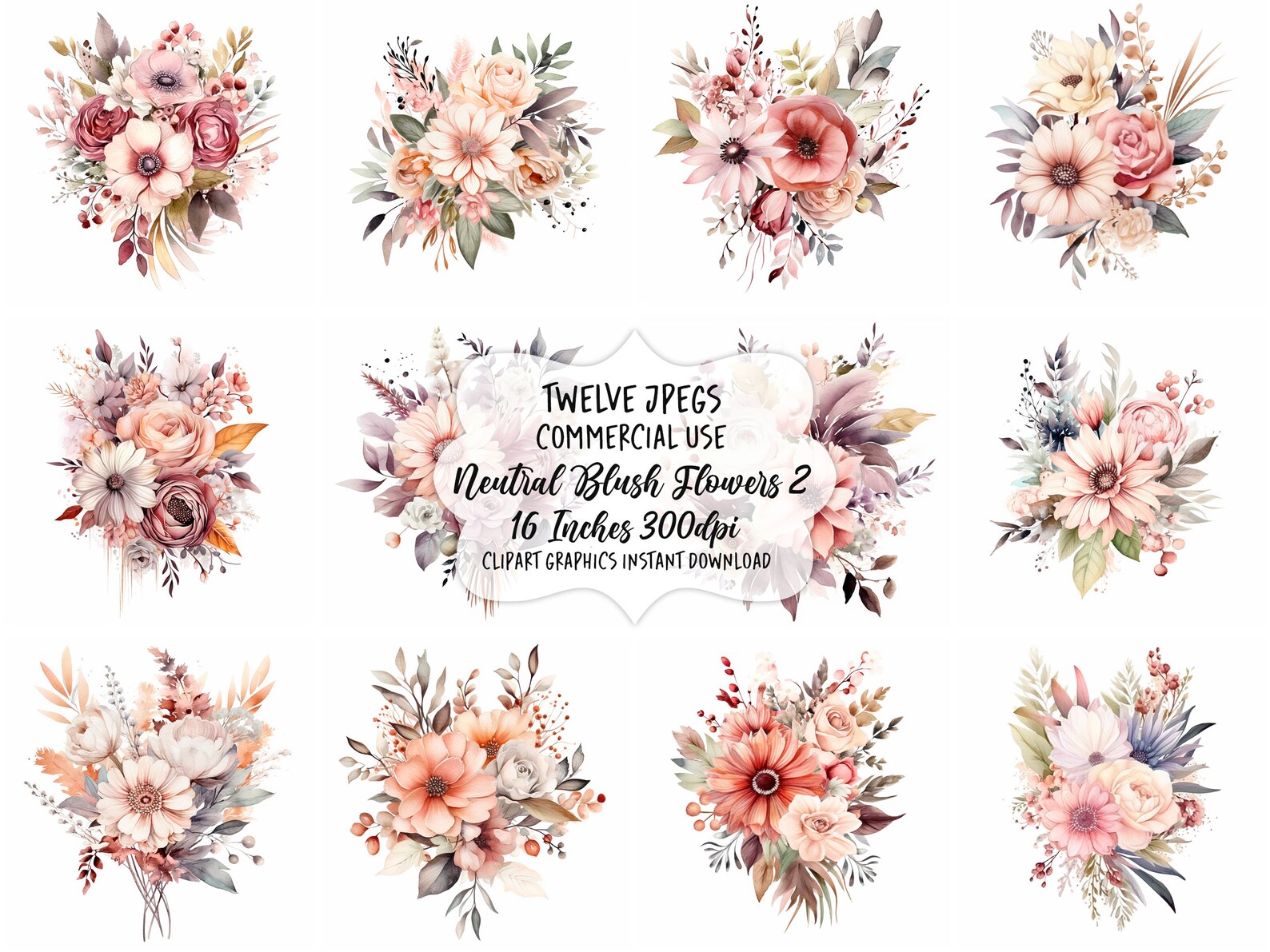 Boho Clipart Neutral Flowers, Watercolor Wild Florals, Watercolor ...