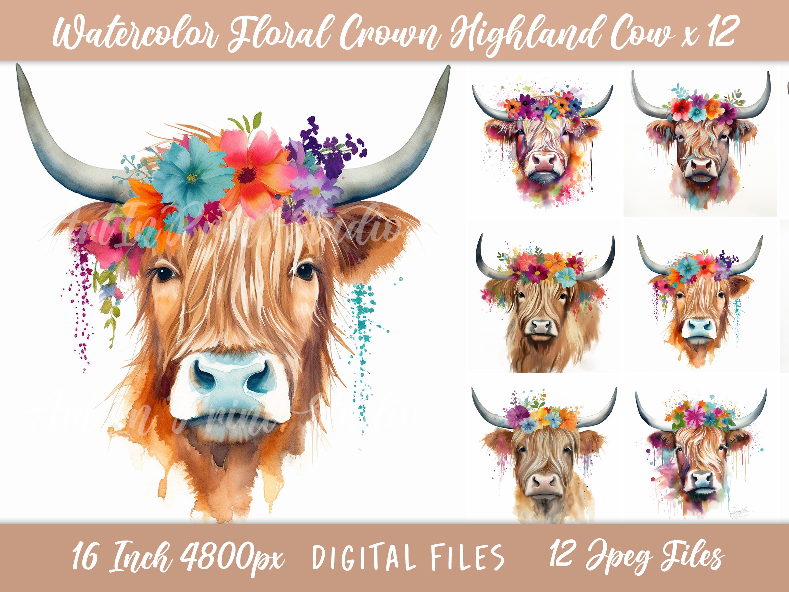 Highland Cow Clipart Floral Crown, 12 Jpgs, Card Making, Wall Art, Junk ...
