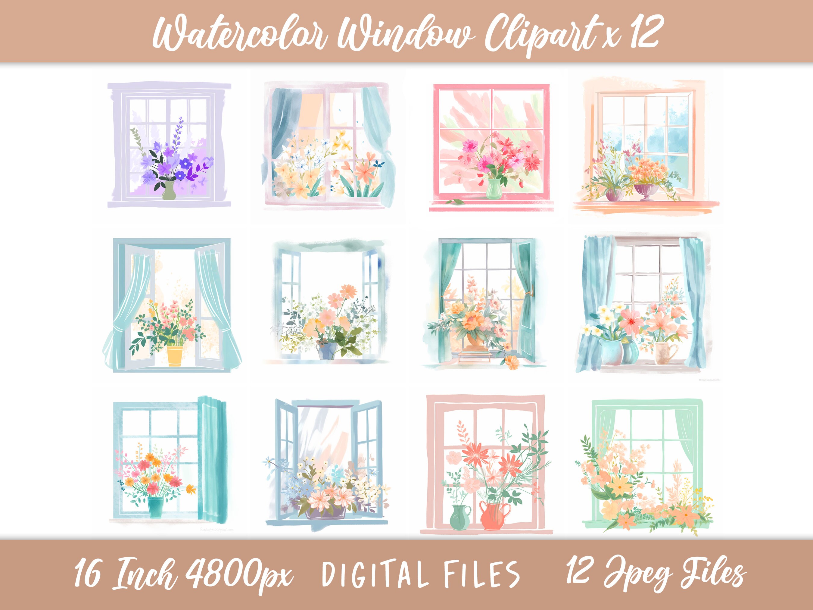 Window Watercolor Clipart, Window Clipart, Spring Windows, Commercial ...