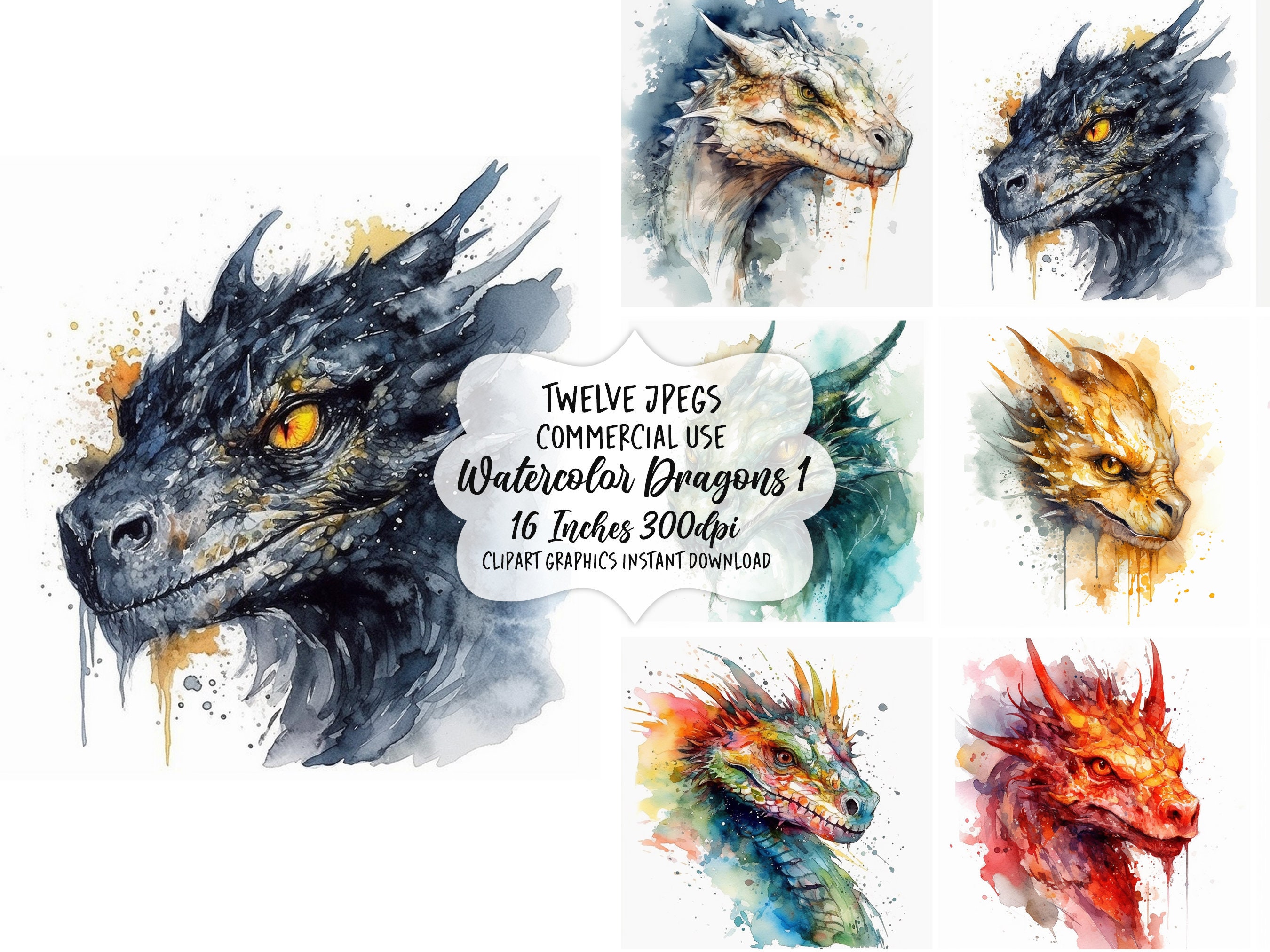 Dragons Watercolor Clipart, Fantasy Clipart, Commercial Use, Dragon Art ...