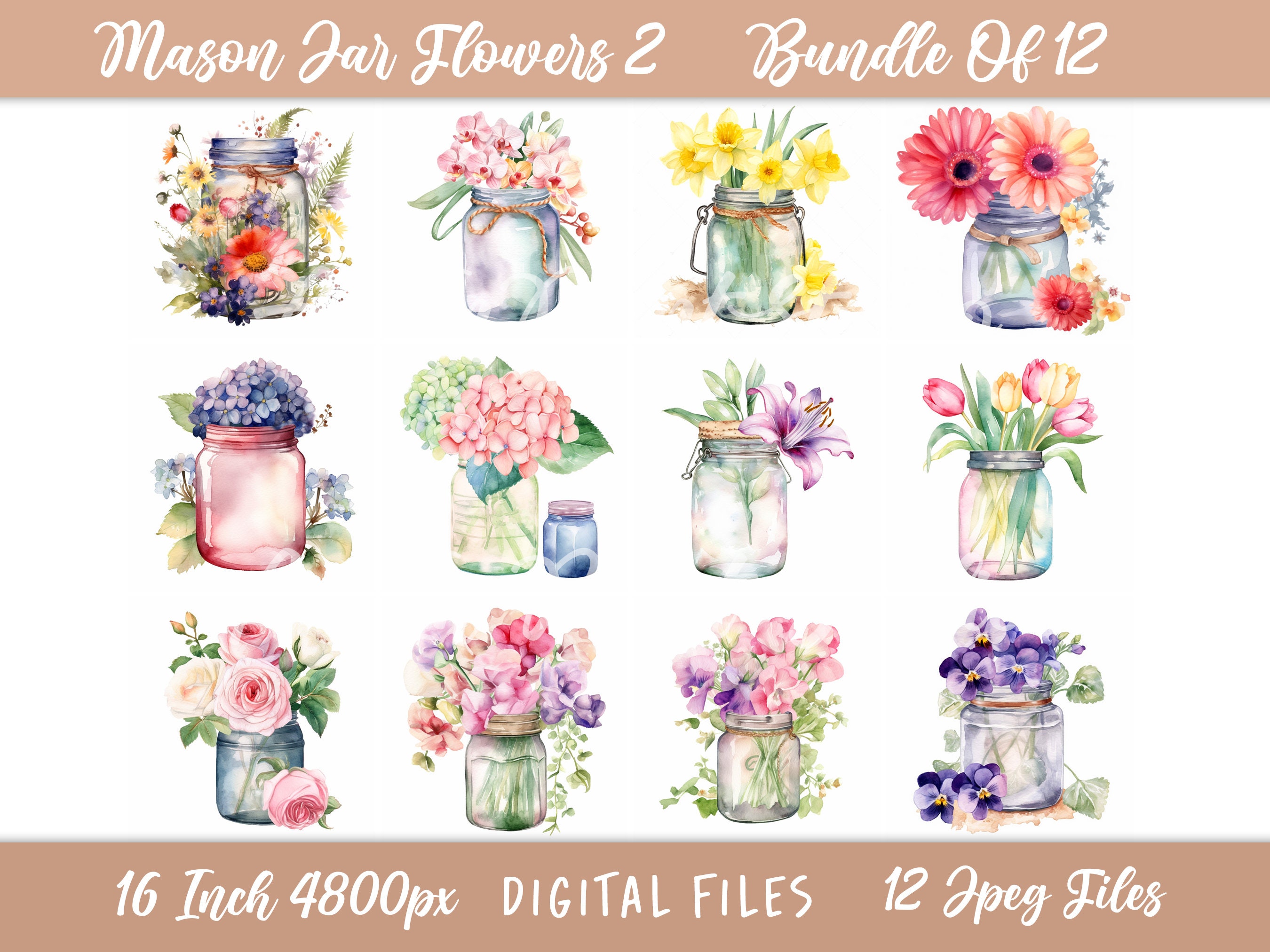 Flowers Mason Jar Vase Clipart 2 12 High Quality Jpgs Digital Planner ...