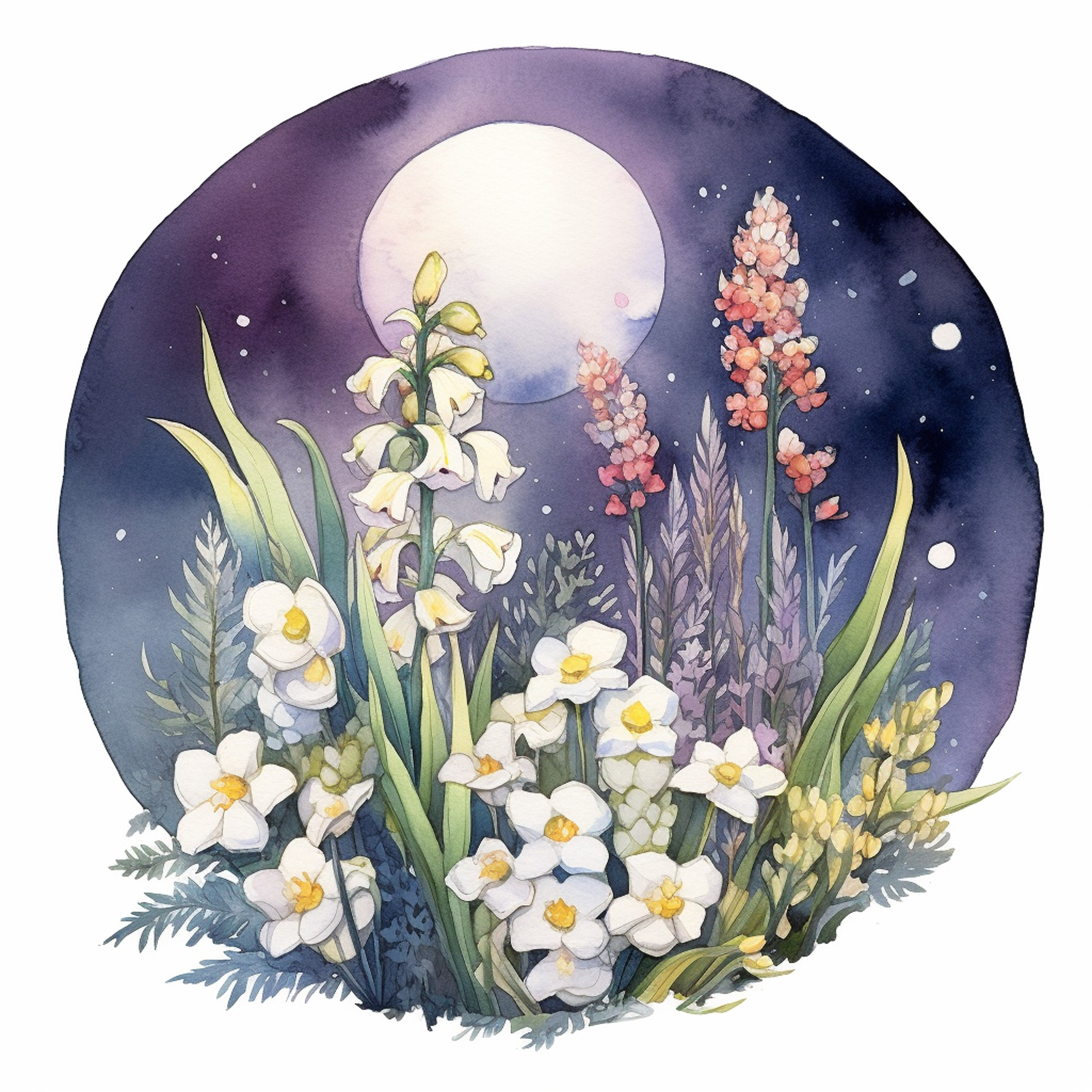 Moon Flowers Clip Art, Watercolor Floral Clipart, Celestial Images ...