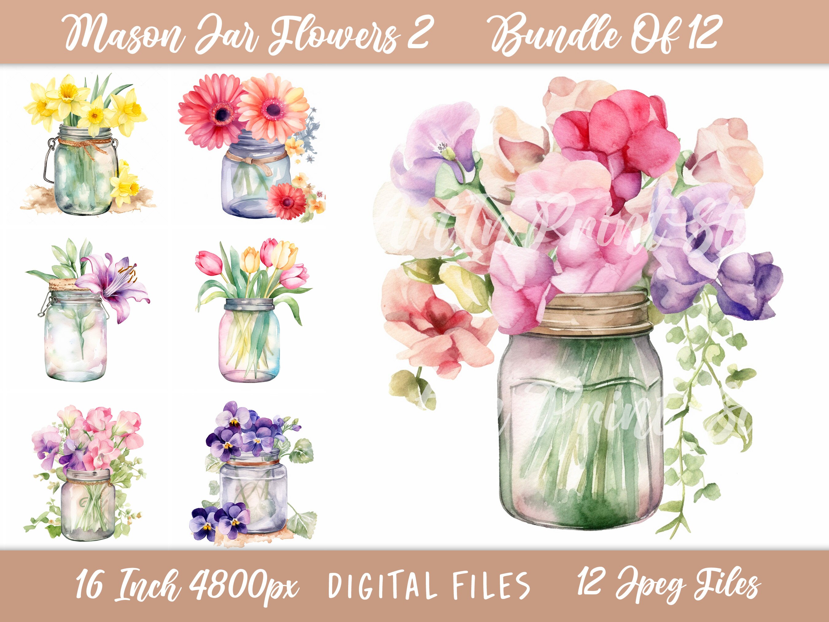 Flowers Mason Jar Vase Clipart 2 12 High Quality Jpgs Digital Planner ...